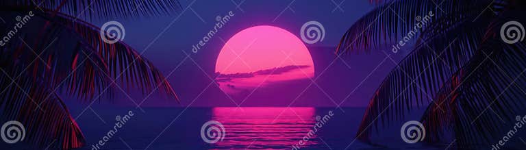 Retro Synthwave Sunset Beach Scene Stock Illustration - Illustration of ...