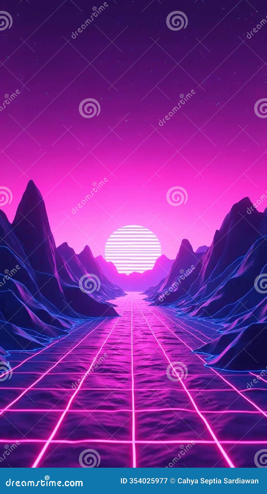 Retro Synthwave Sunset: Glowing Grid Pathway between Mountains Stock ...