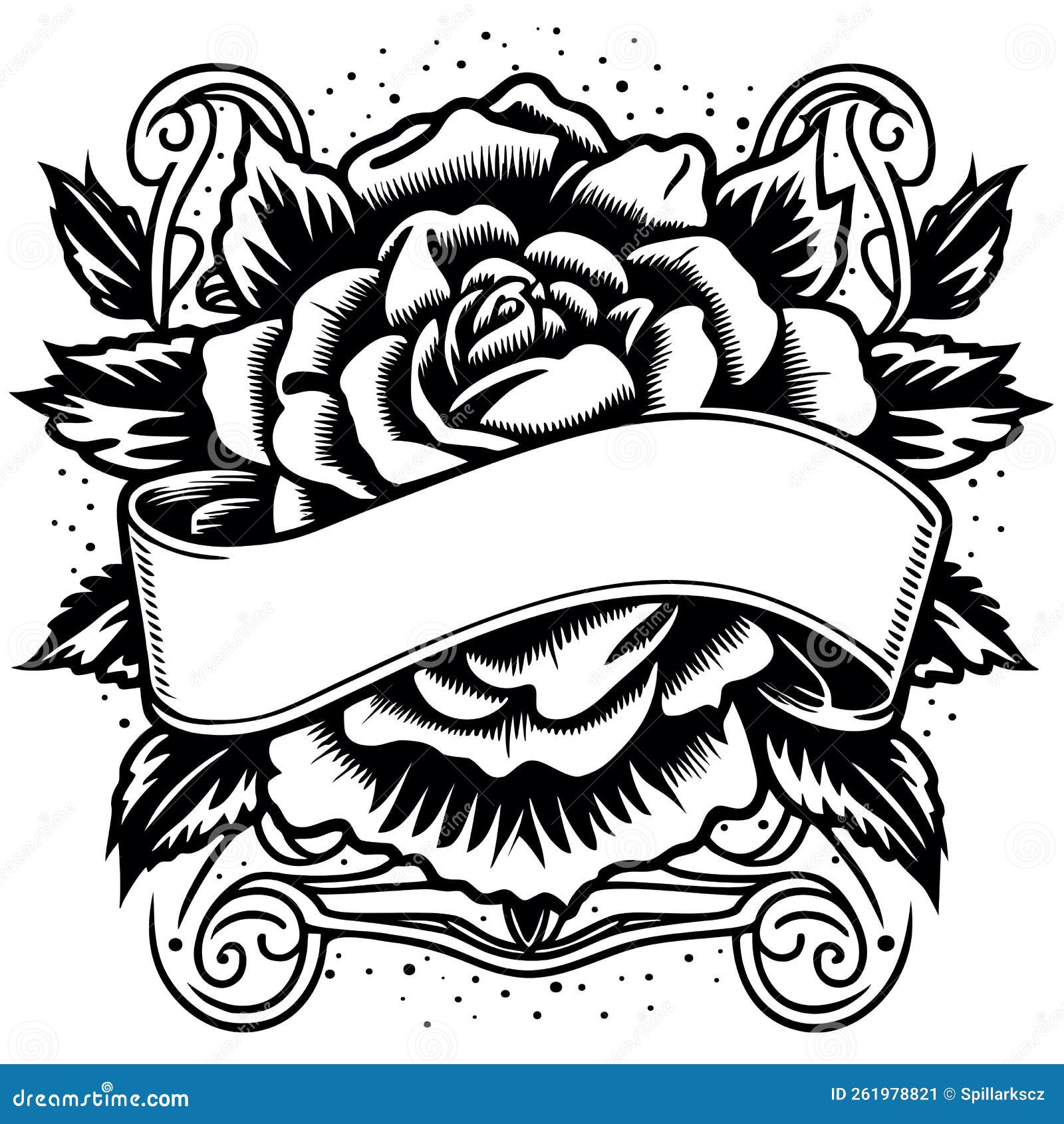 Retro Tattoo with Rose and Banner in Black and White Stock Vector ...