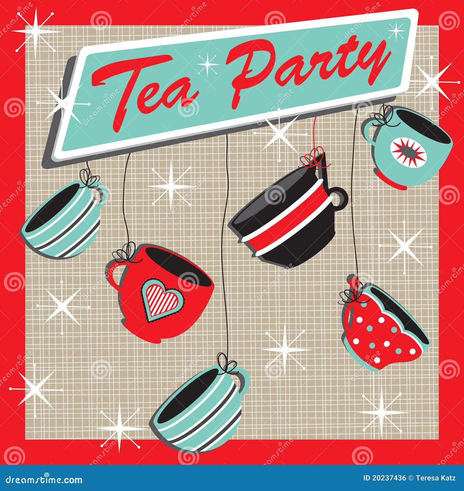 Retro Tea Party Invitation stock vector. Illustration of barkcloth ...