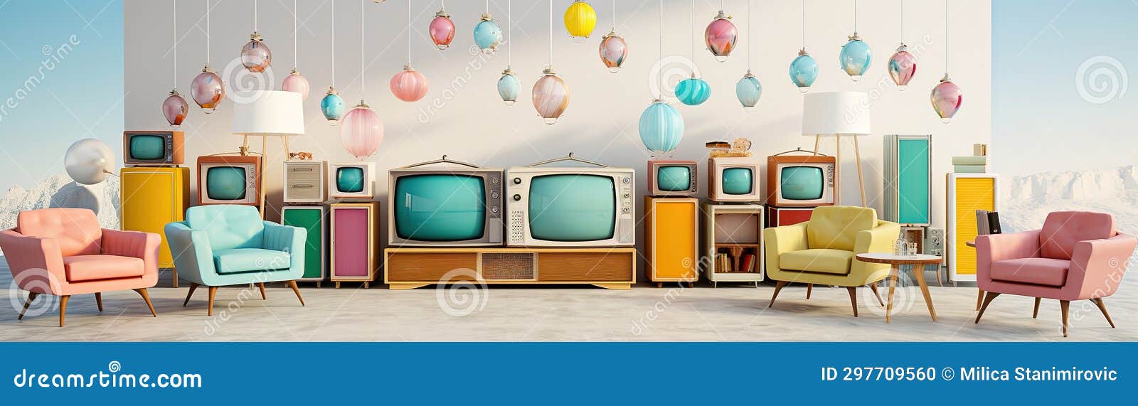 Retro Tech Gallery: Array of Vintage TVs with Pastel Displays Stock ...
