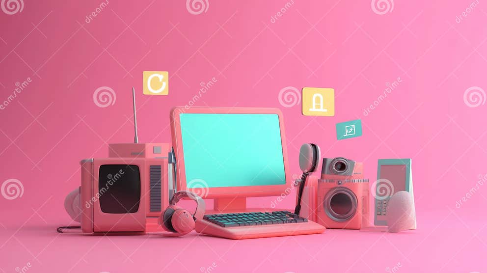 Retro Technology Gadgets in Pink and Yellow on Pink Background Stock ...