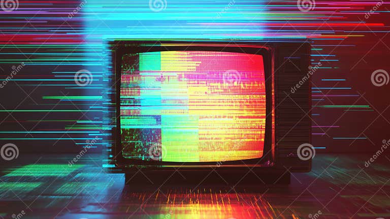 Retro Television Screen Displaying Colorful Glitch Patterns and Static Noise in a Vivid and ...