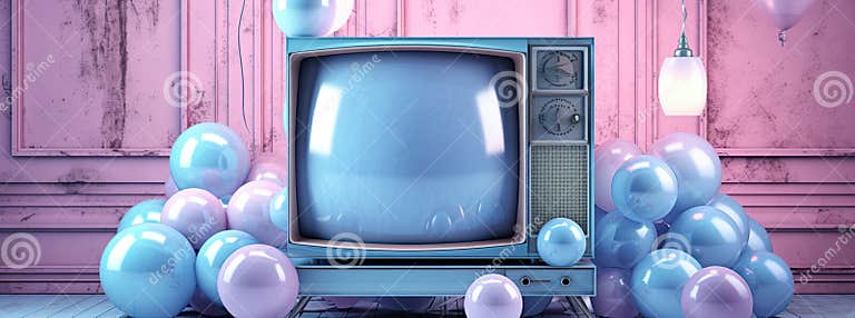Retro Television Set Placed in Front of an Array of Colorful Balloons ...