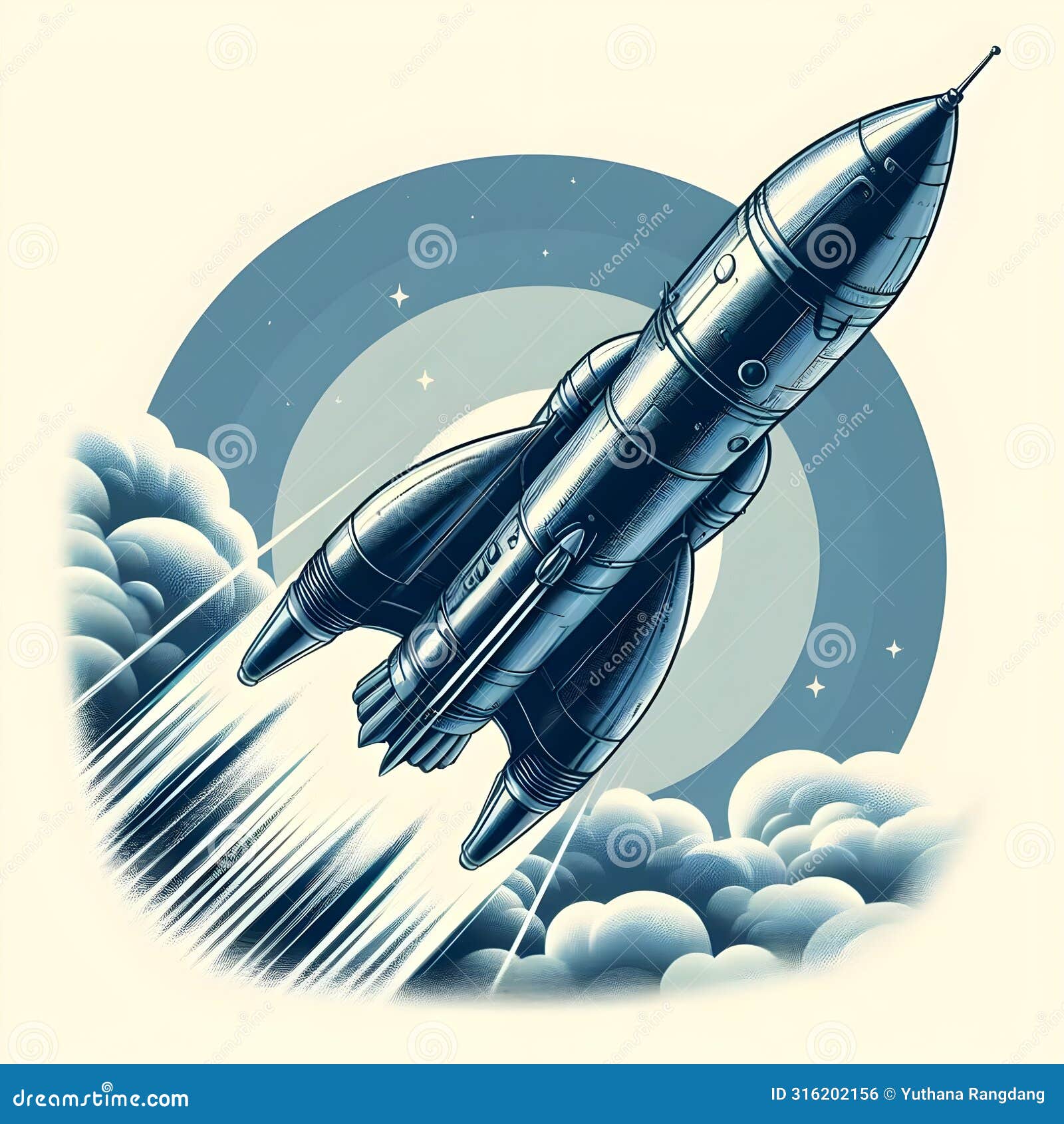 Retro Theme Rocket Illustration Soar into the Sky. Stock Illustration ...
