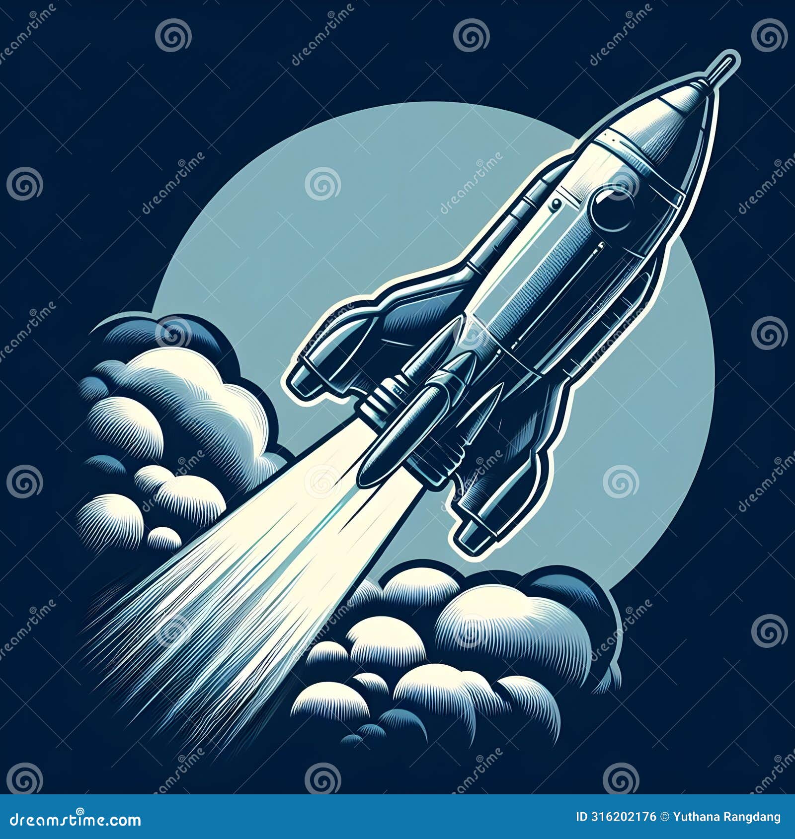 Retro Theme Rocket Illustration Soar into the Sky. Stock Illustration ...