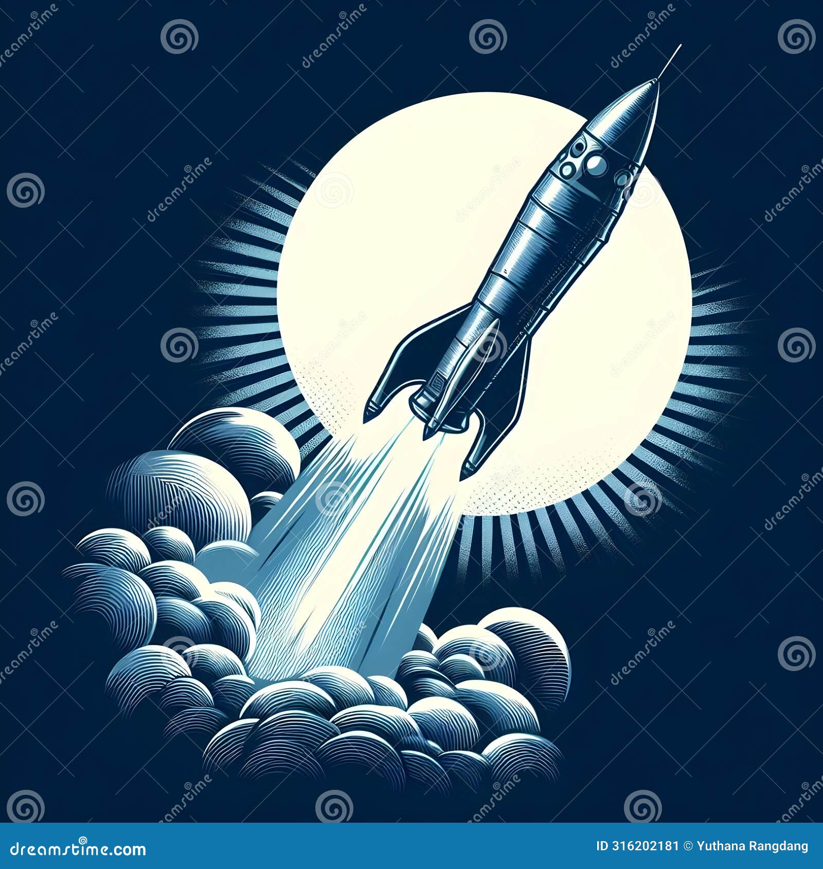Retro Theme Rocket Illustration Soar into the Sky. Stock Illustration ...