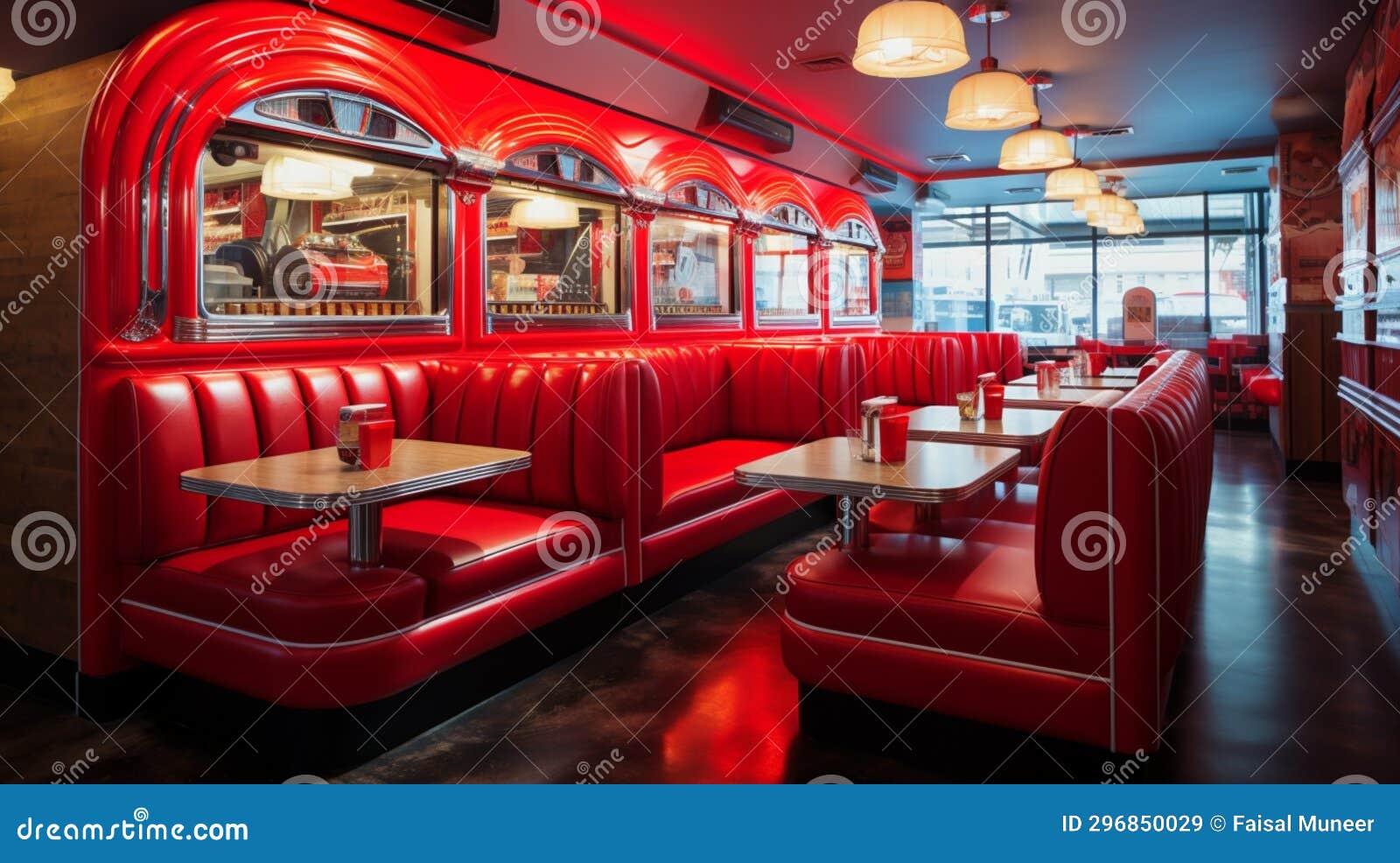 A Retro-themed Diner with Red Leather Booths and a Jukebox Stock ...
