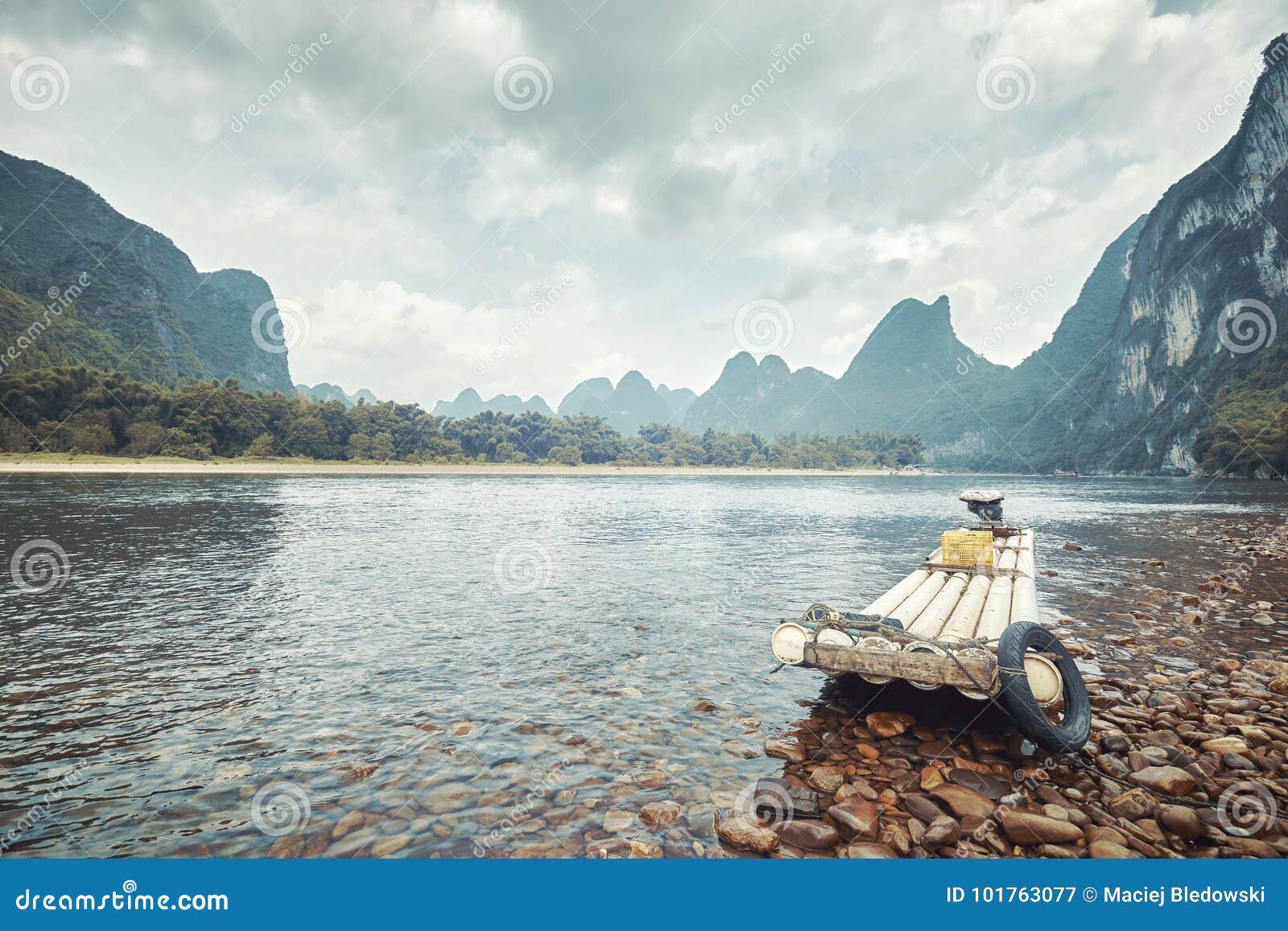 Retro Toned Picture of a Bamboo Raft on Li River, China. Stock Image ...