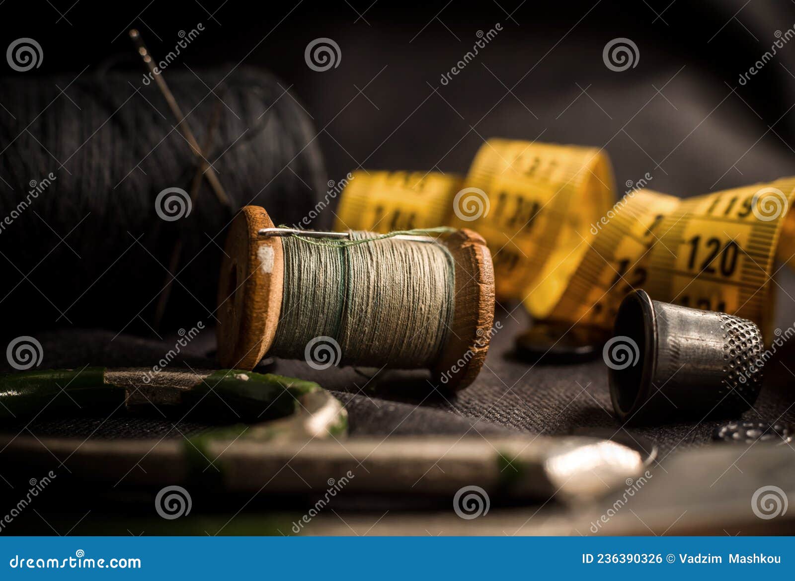 Retro Tools for Cutting and Sewing Needle with Thread, Thimble ...