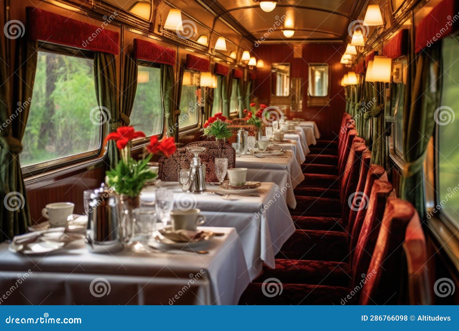 Retro Train Dining Car with Elegant Table Settings Stock Illustration ...