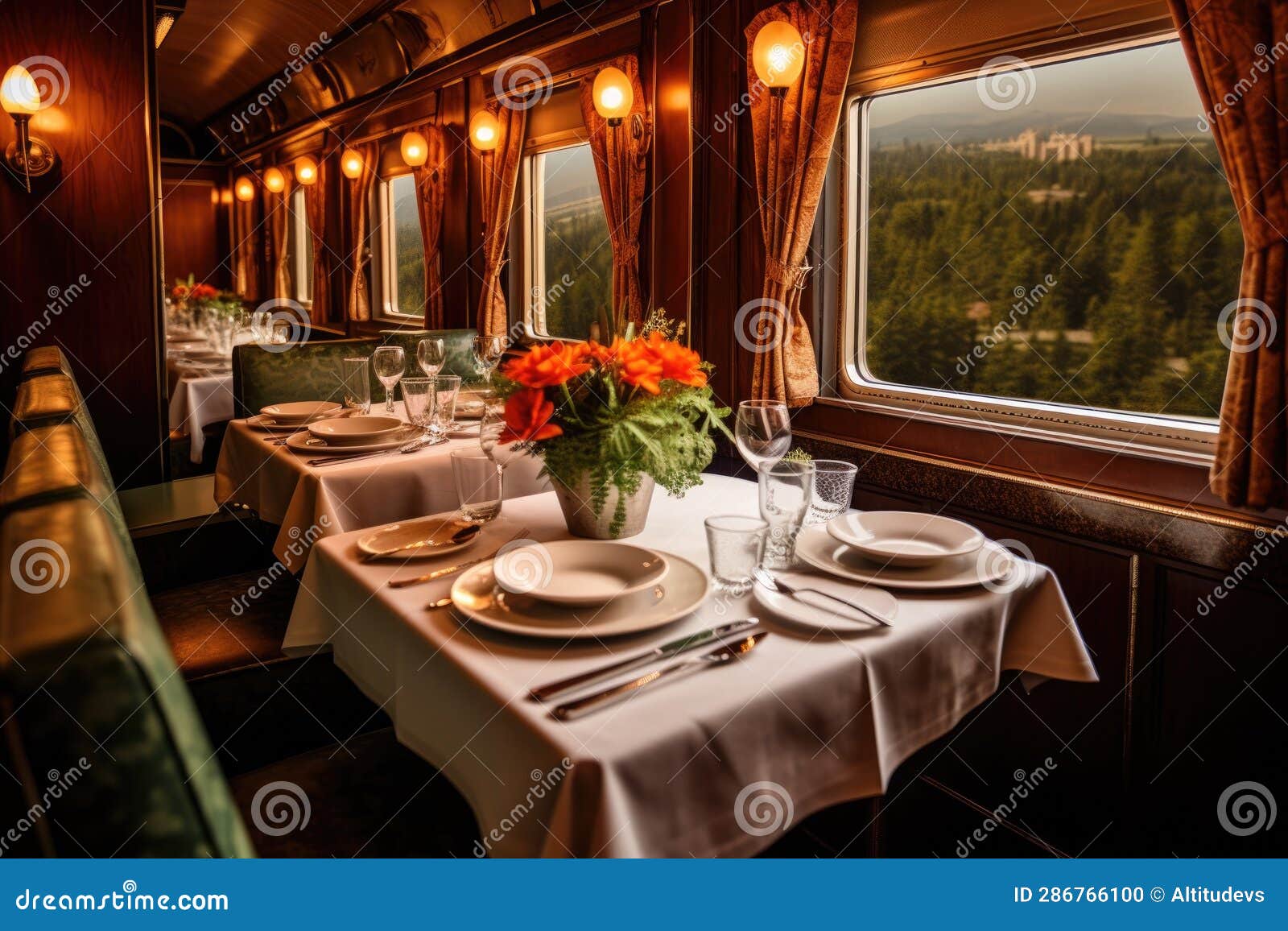 Retro Train Dining Car with Elegant Table Settings Stock Illustration ...