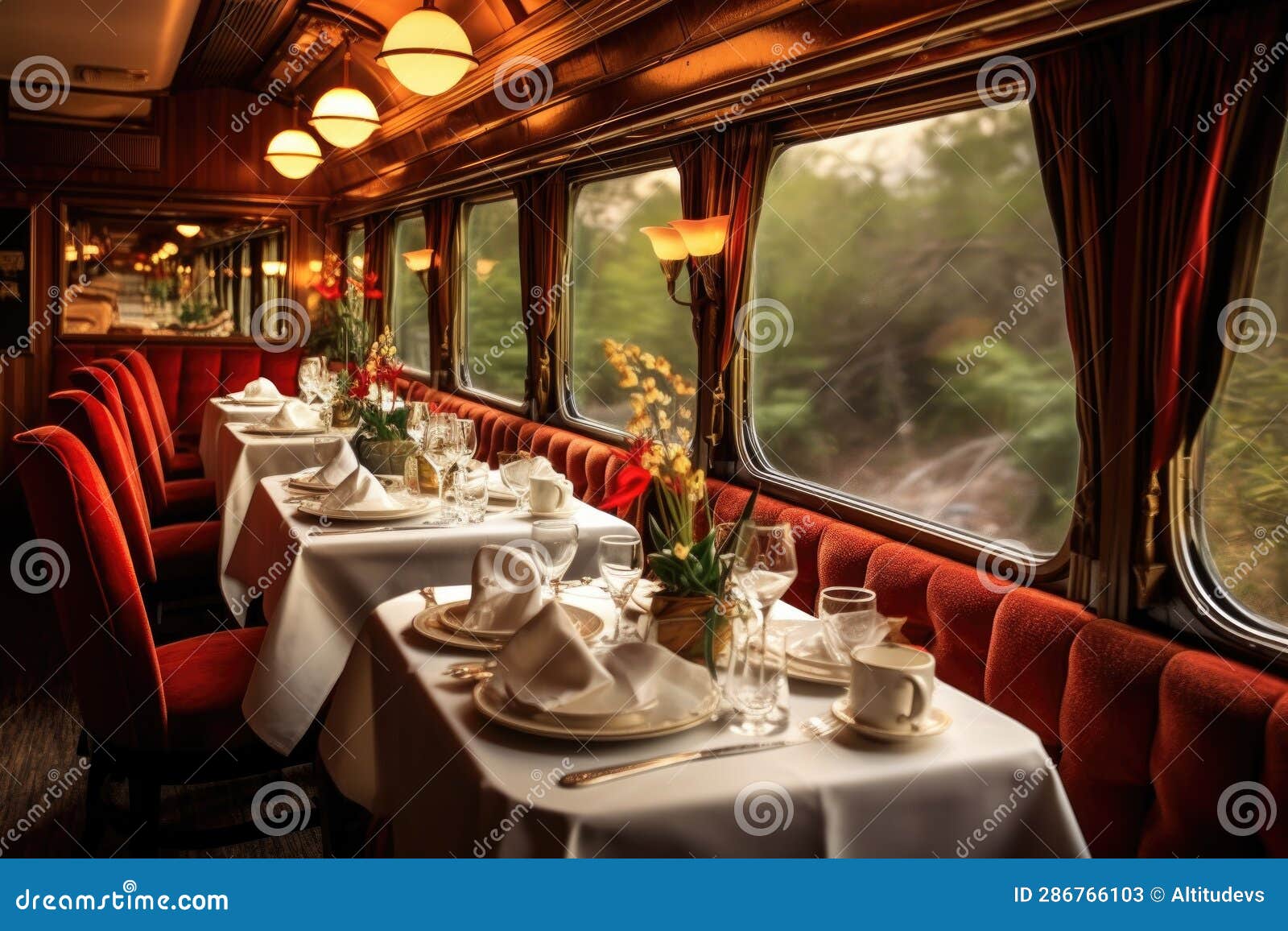 Retro Train Dining Car with Elegant Table Settings Stock Illustration ...