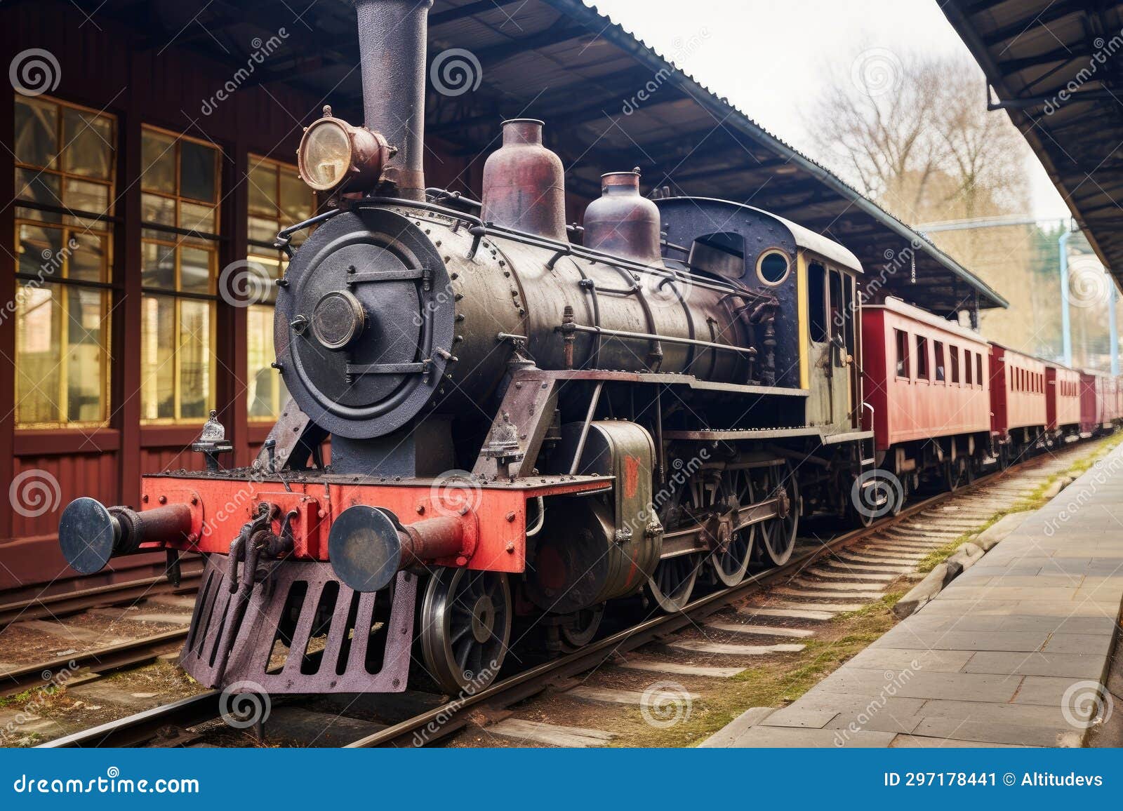 Retro Train Engine in Rustic Railway Station Stock Image - Image of ...