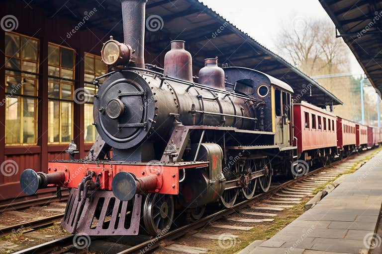 Retro Train Engine in Rustic Railway Station Stock Image - Image of ...