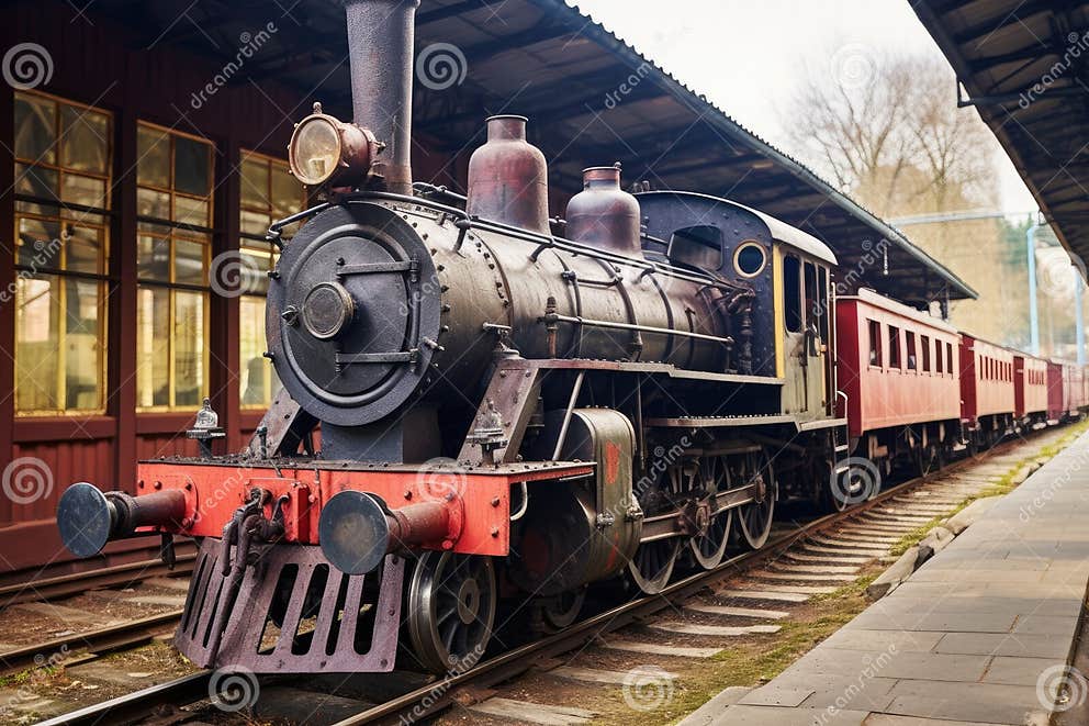 Retro Train Engine in Rustic Railway Station Stock Image - Image of ...