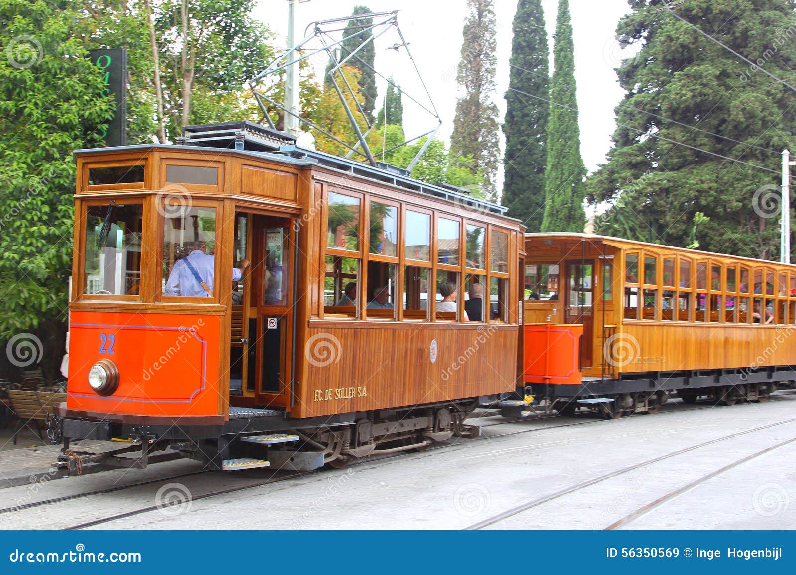 Old Tram In Soller In Front Of Medieval Gothic Cathedral With Huge Rose ...