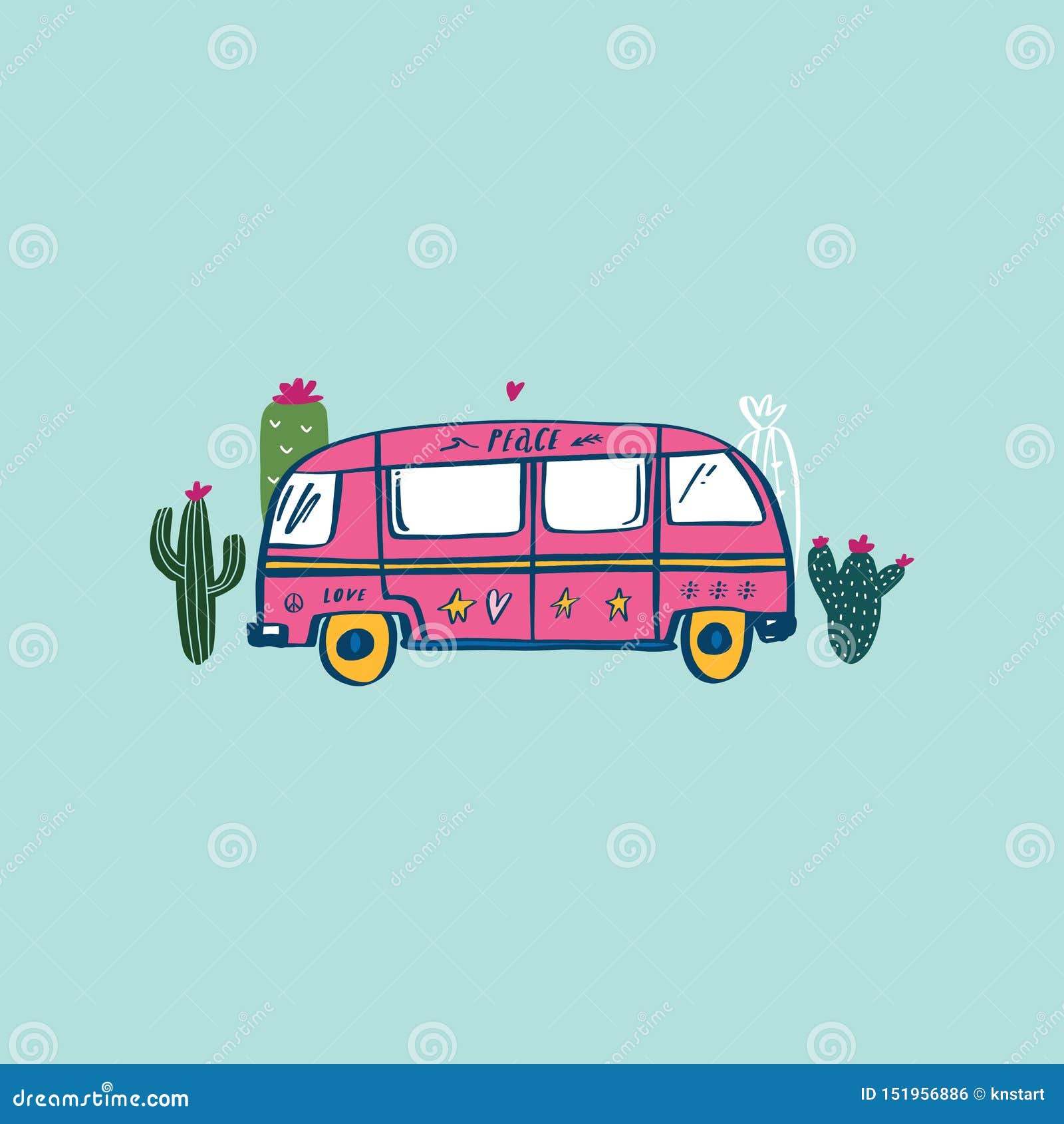 Retro Travel Van Vector Illustration. Hand Drawn Summer Illustration in ...