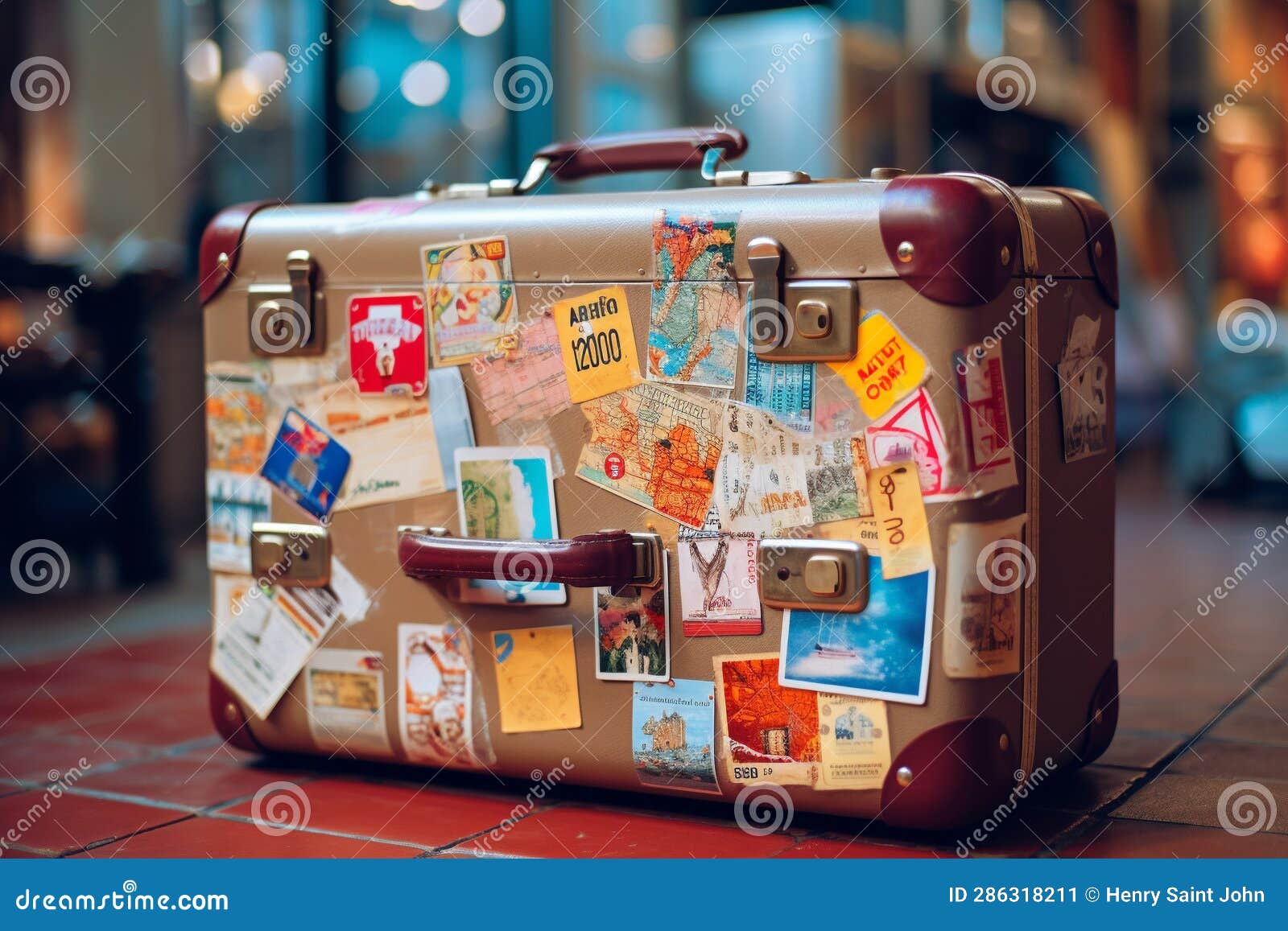 Retro Travel: Vintage Suitcase with Stickers Stock Illustration ...