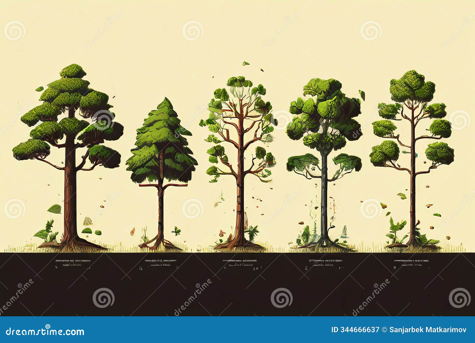 Retro Tree Evolution a Sequence Showing a Tree from Sapling To F Stock ...