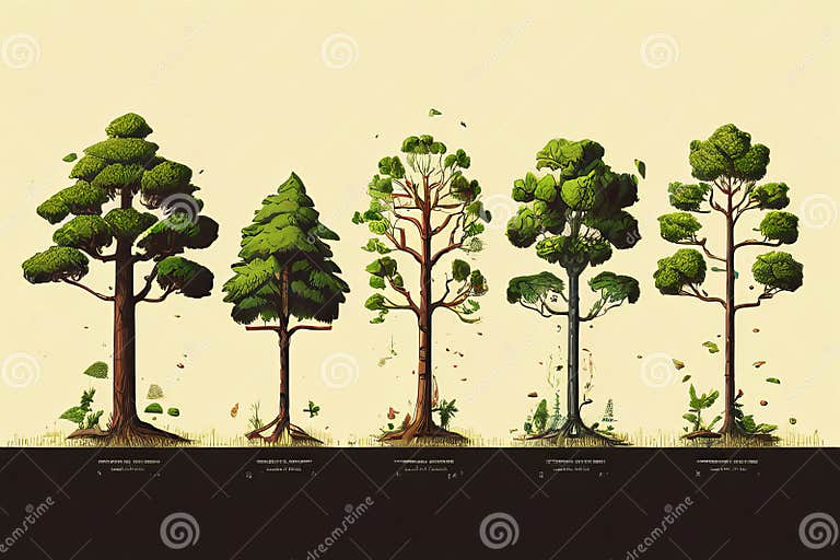 Retro Tree Evolution a Sequence Showing a Tree from Sapling To F Stock ...