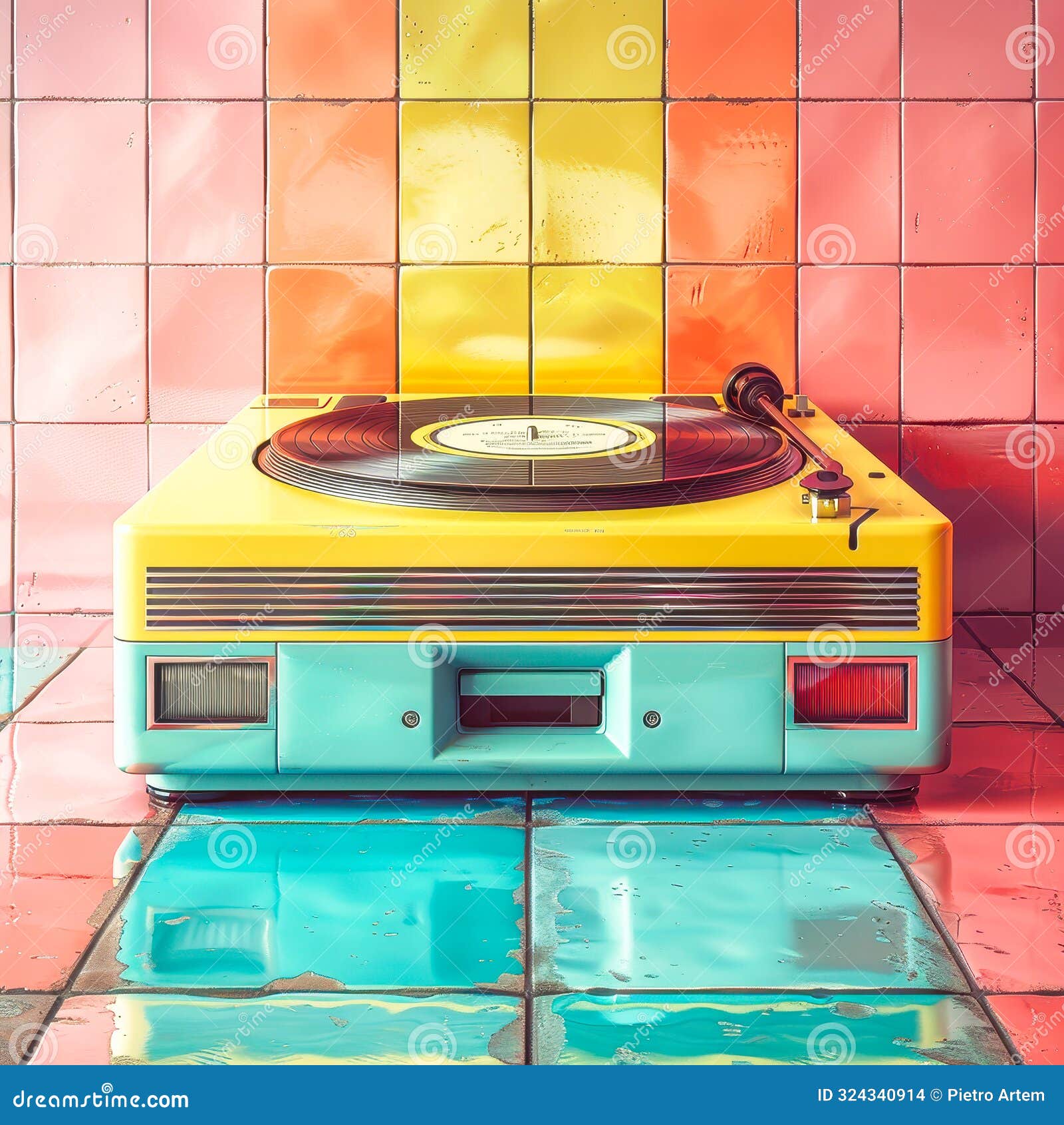 Retro Turntable on Colorful Tile Floor Stock Photo - Image of style ...