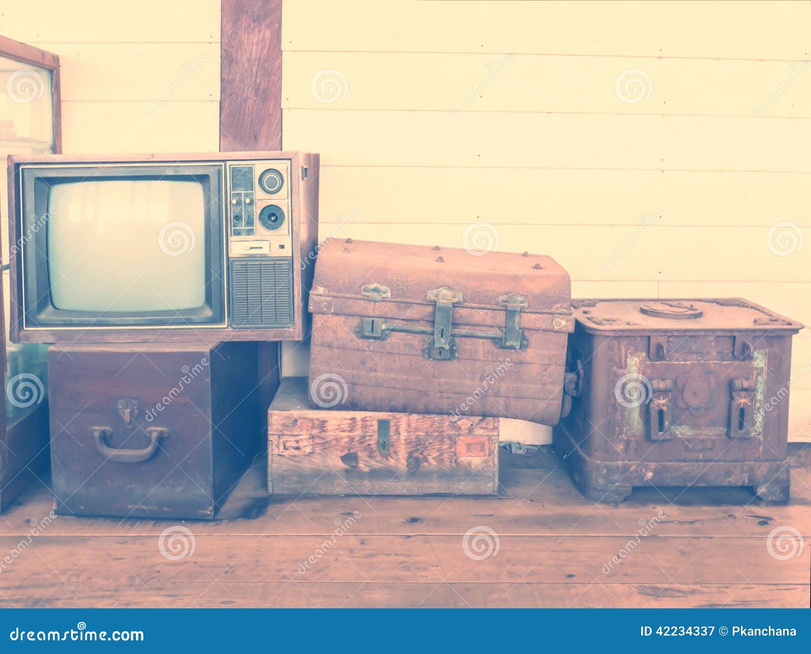 Retro Tv and Boxes on Wooden Floor, Vintage Style Stock Image - Image ...