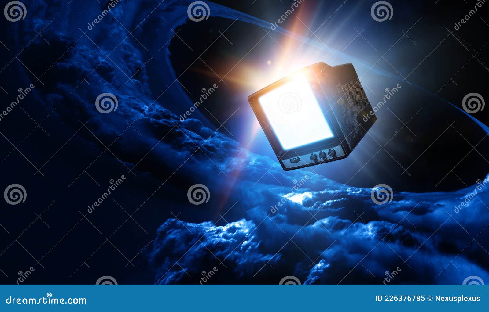 Retro TV flying in space stock image. Image of atmosphere - 226376785