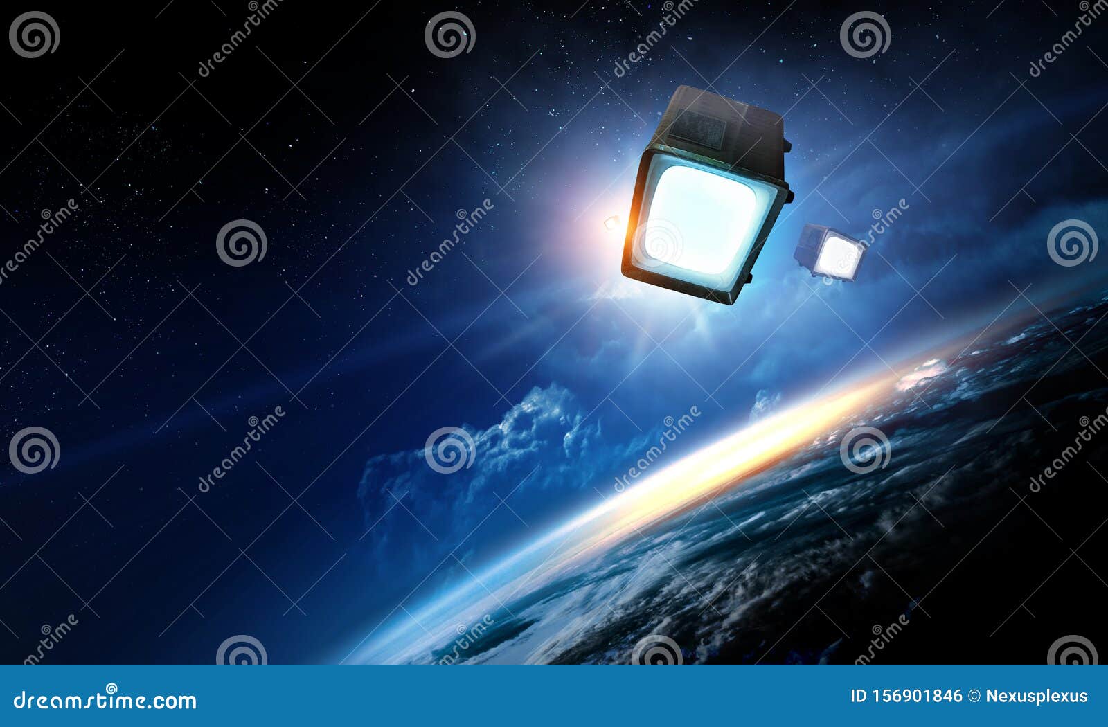 Retro TV flying in space stock illustration. Illustration of globe ...