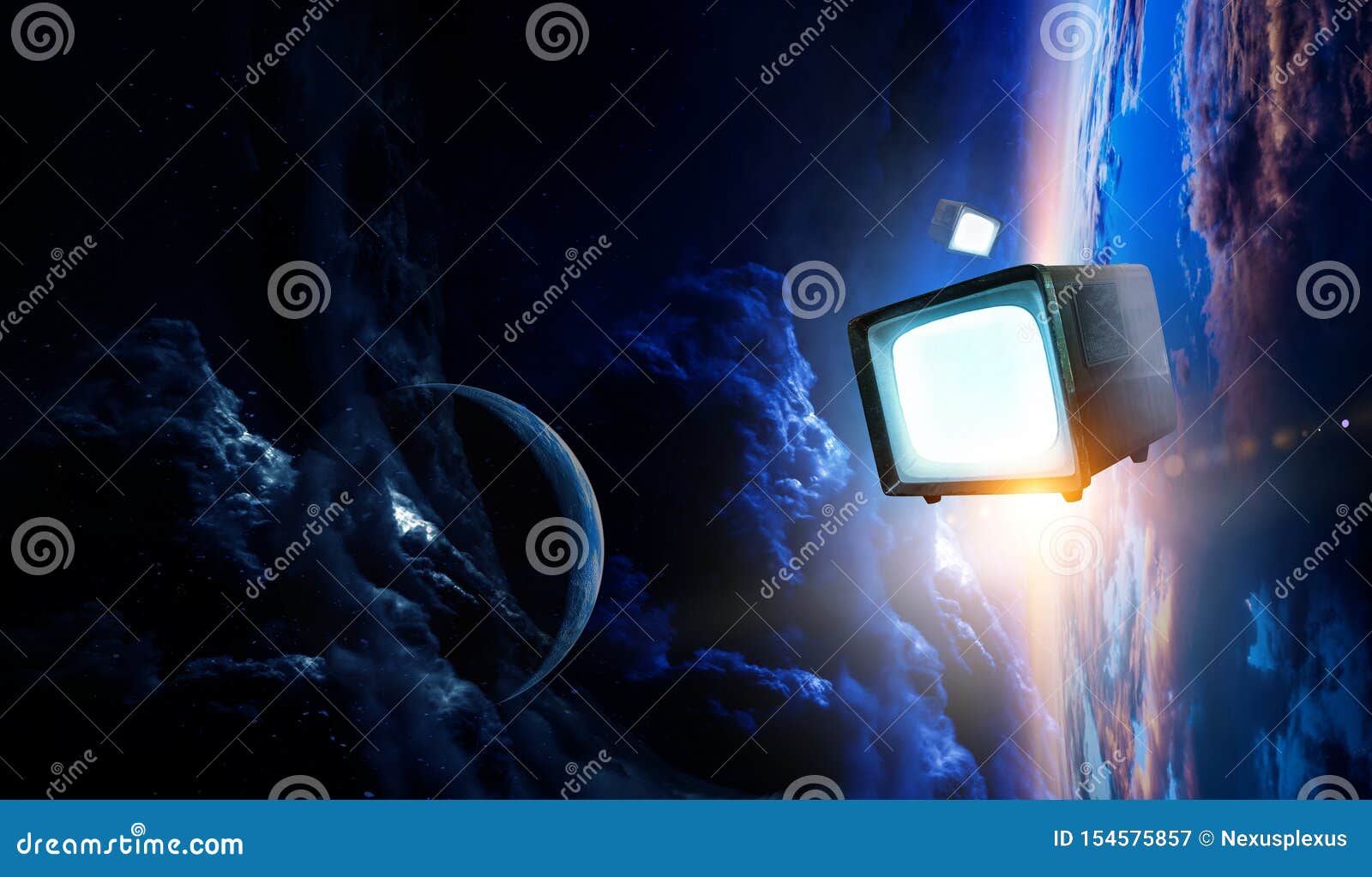 Retro TV flying in space stock image. Image of electronic - 154575857