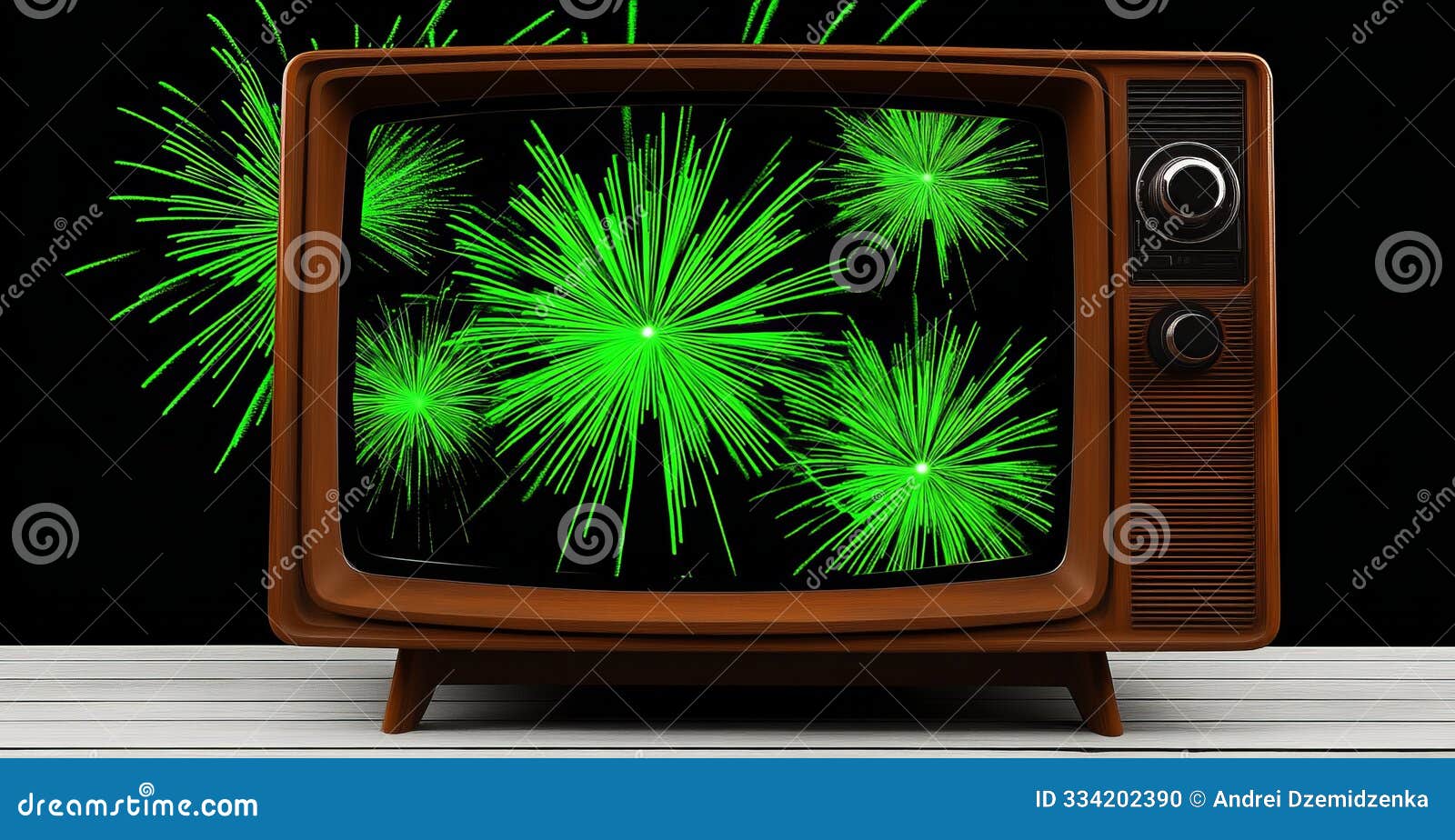 A Retro TV with Green Christmas and New Year Fireworks Exploding on ...