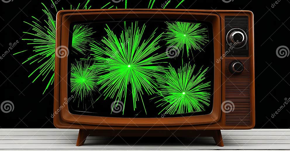 A Retro TV with Green Christmas and New Year Fireworks Exploding on ...