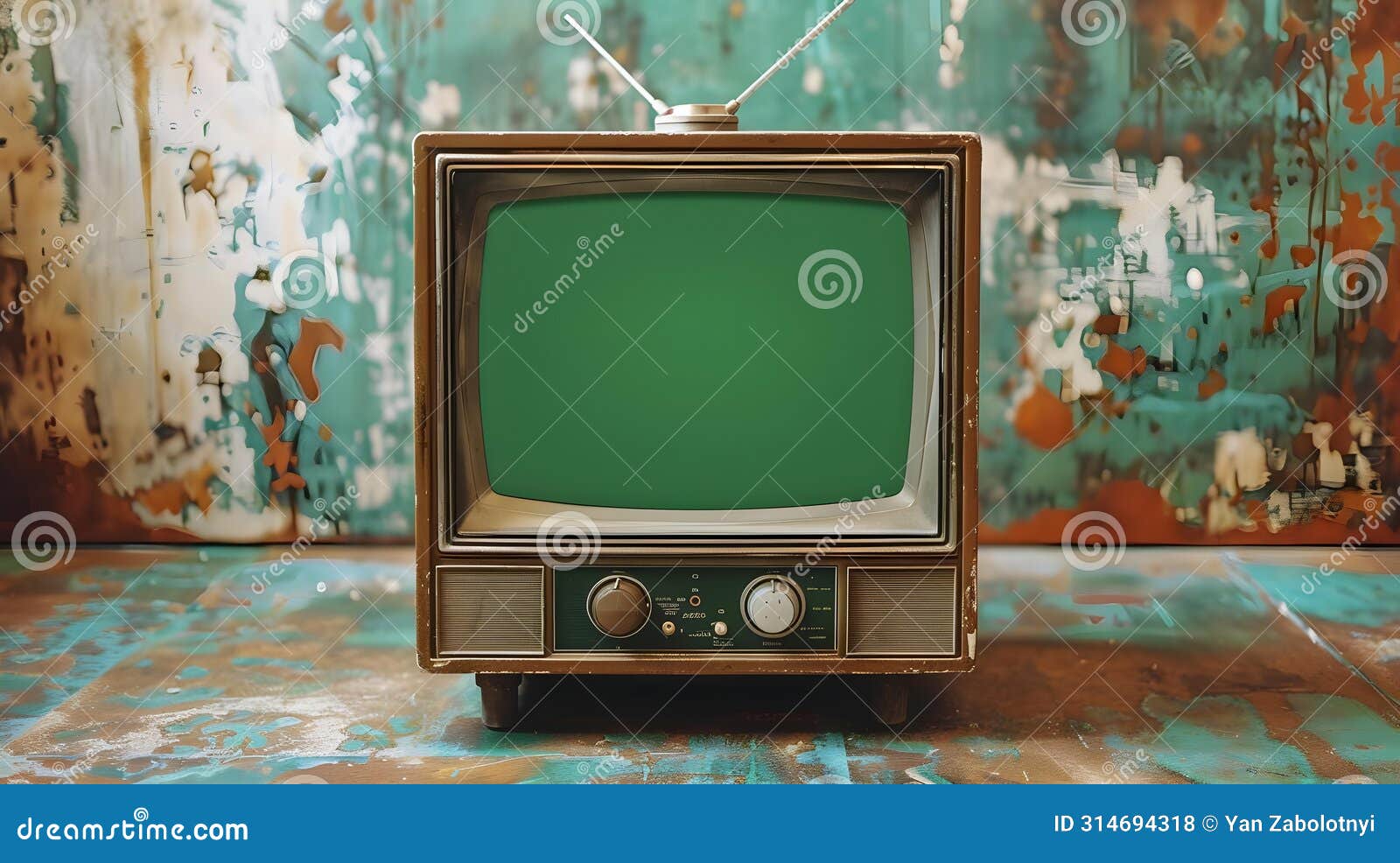 Retro TV with Green Screen on Vintage Backdrop. Concept Retro TV, Green ...
