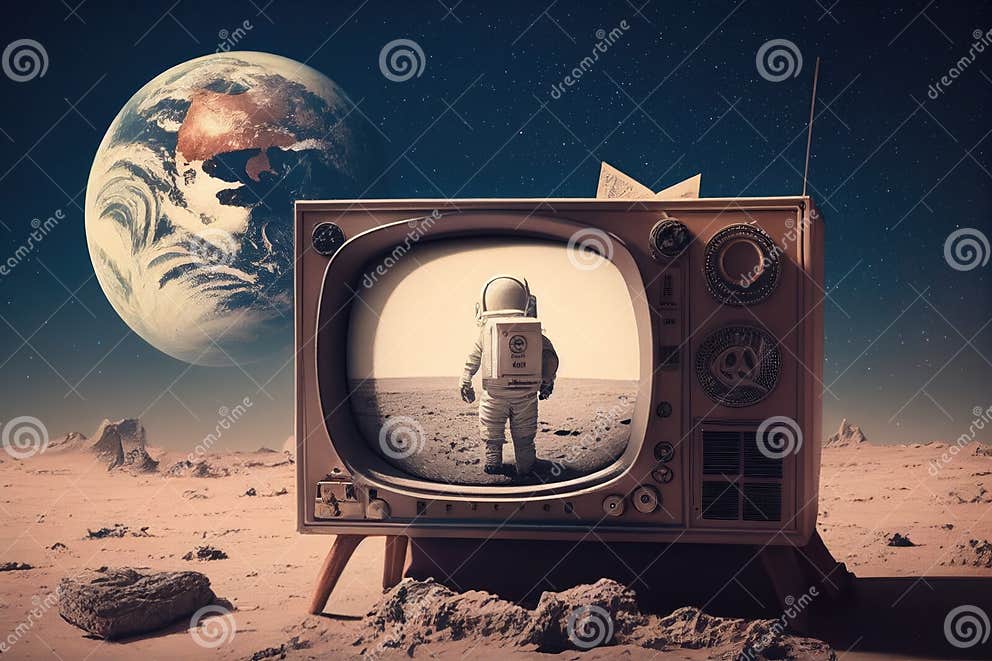 Retro TV on the Surface of the Moon. Generative AI Stock Illustration ...