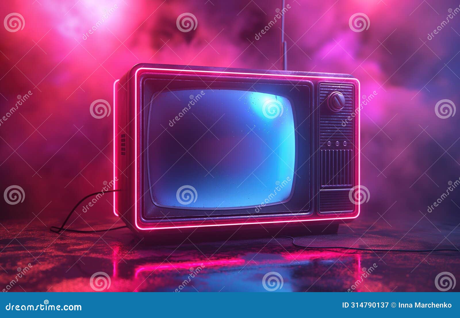 Retro TV Under Neon Lights, Bathed in a Pink and Blue Gradient Stock ...