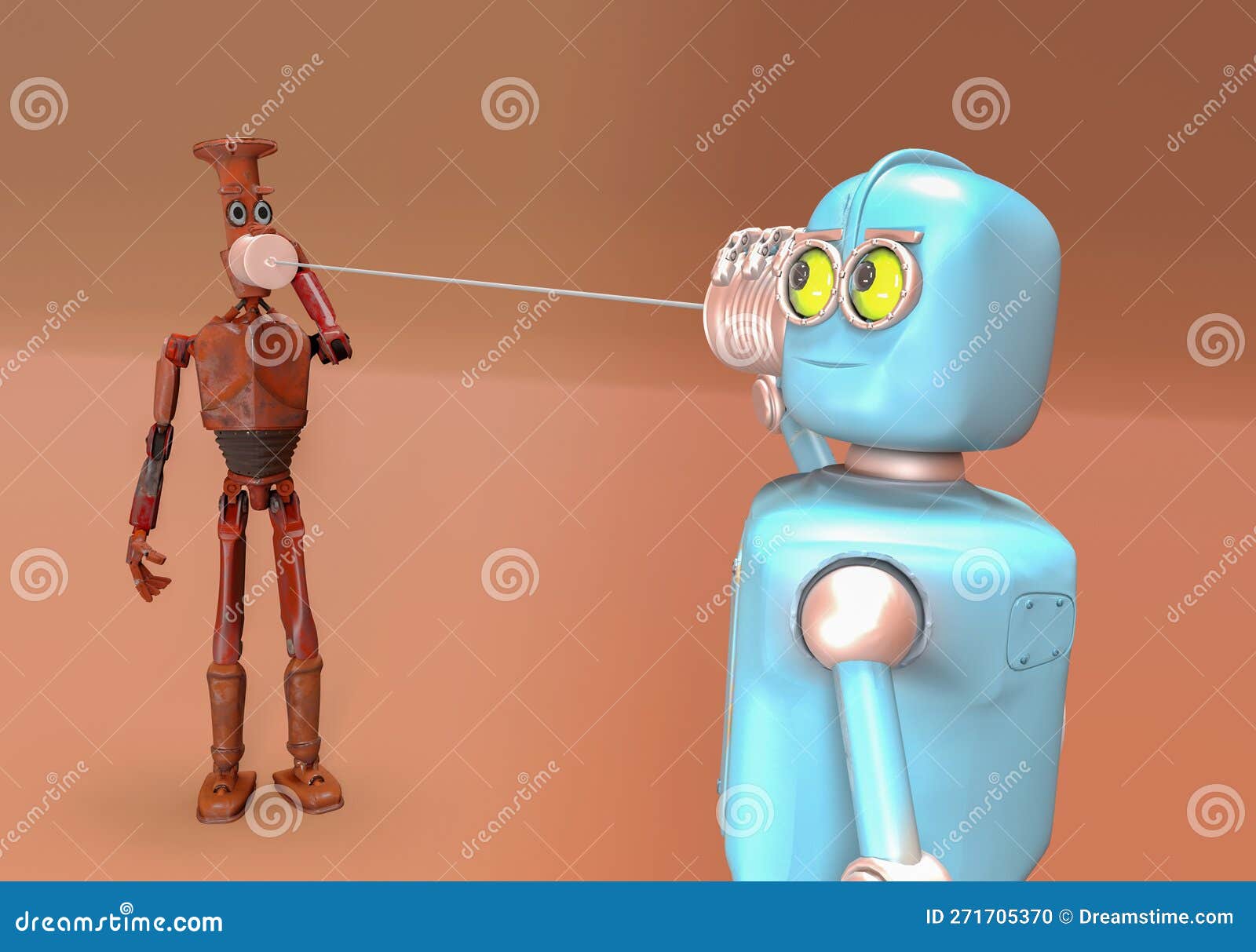 Retro Two Robots Talking on Tin Can Phones. 3d Render Stock ...