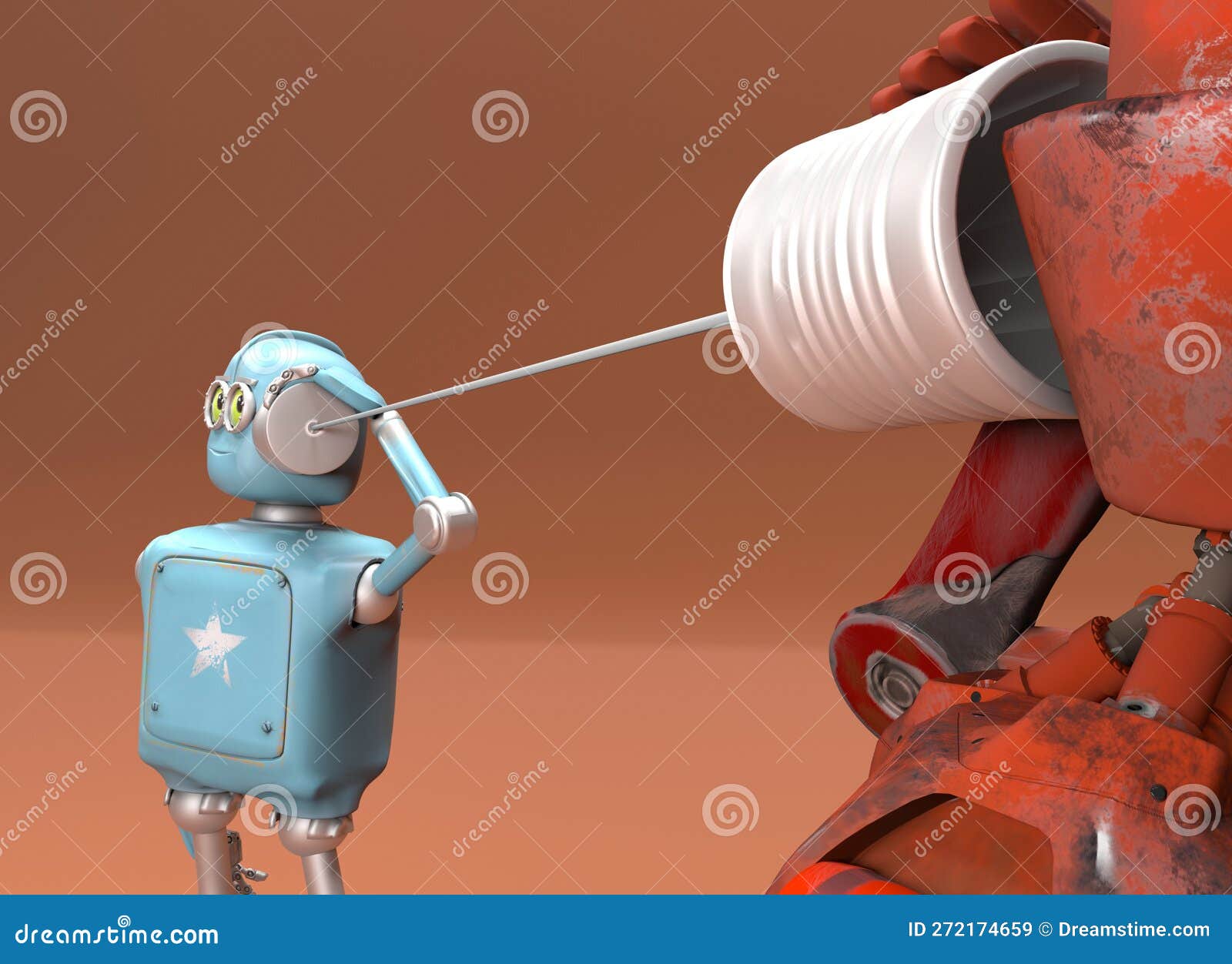 Retro Two Robots Talking on Tin Can Phones. 3d Render Stock ...