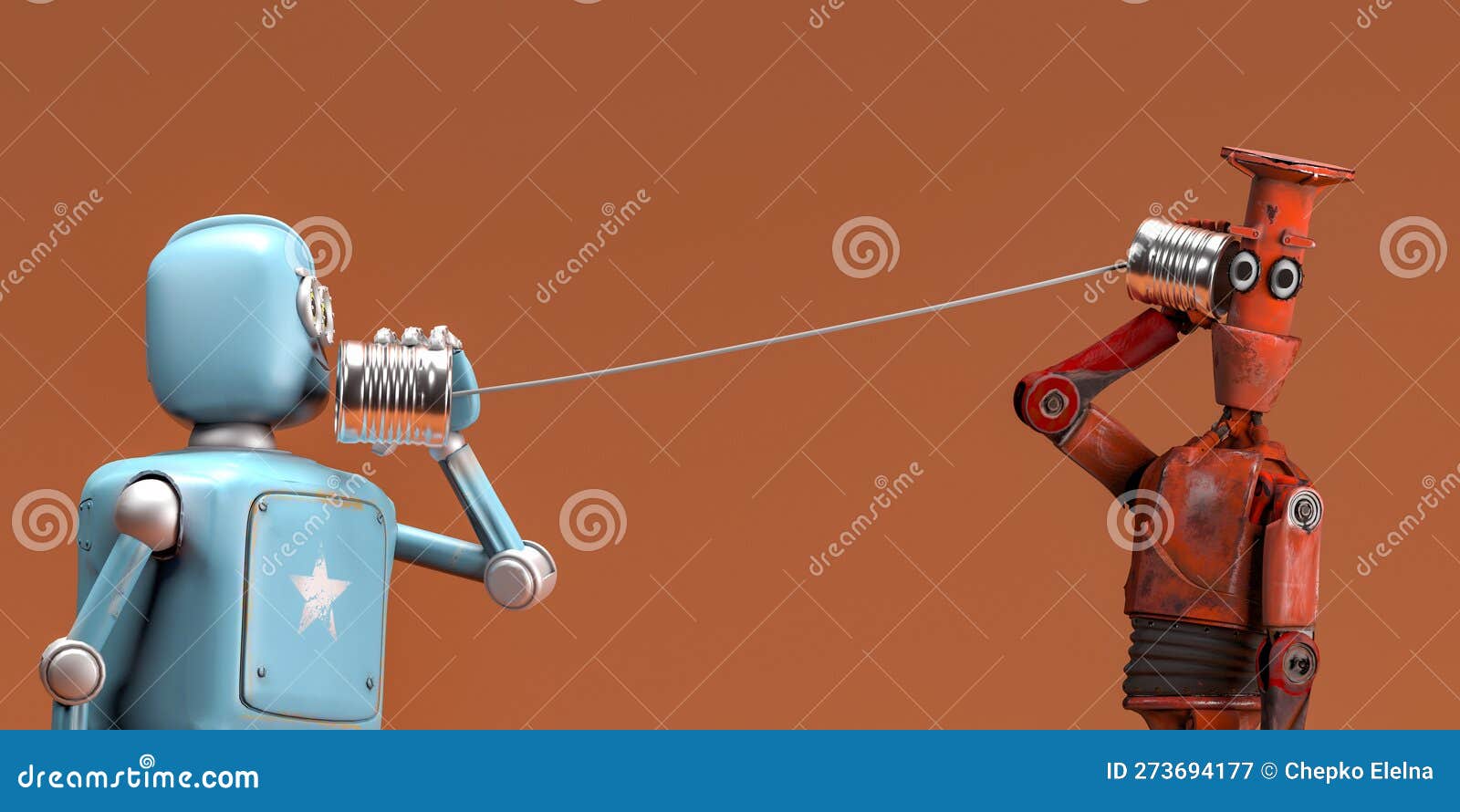Retro Two Robots Talking on Tin Can Phones. 3d Render Stock ...