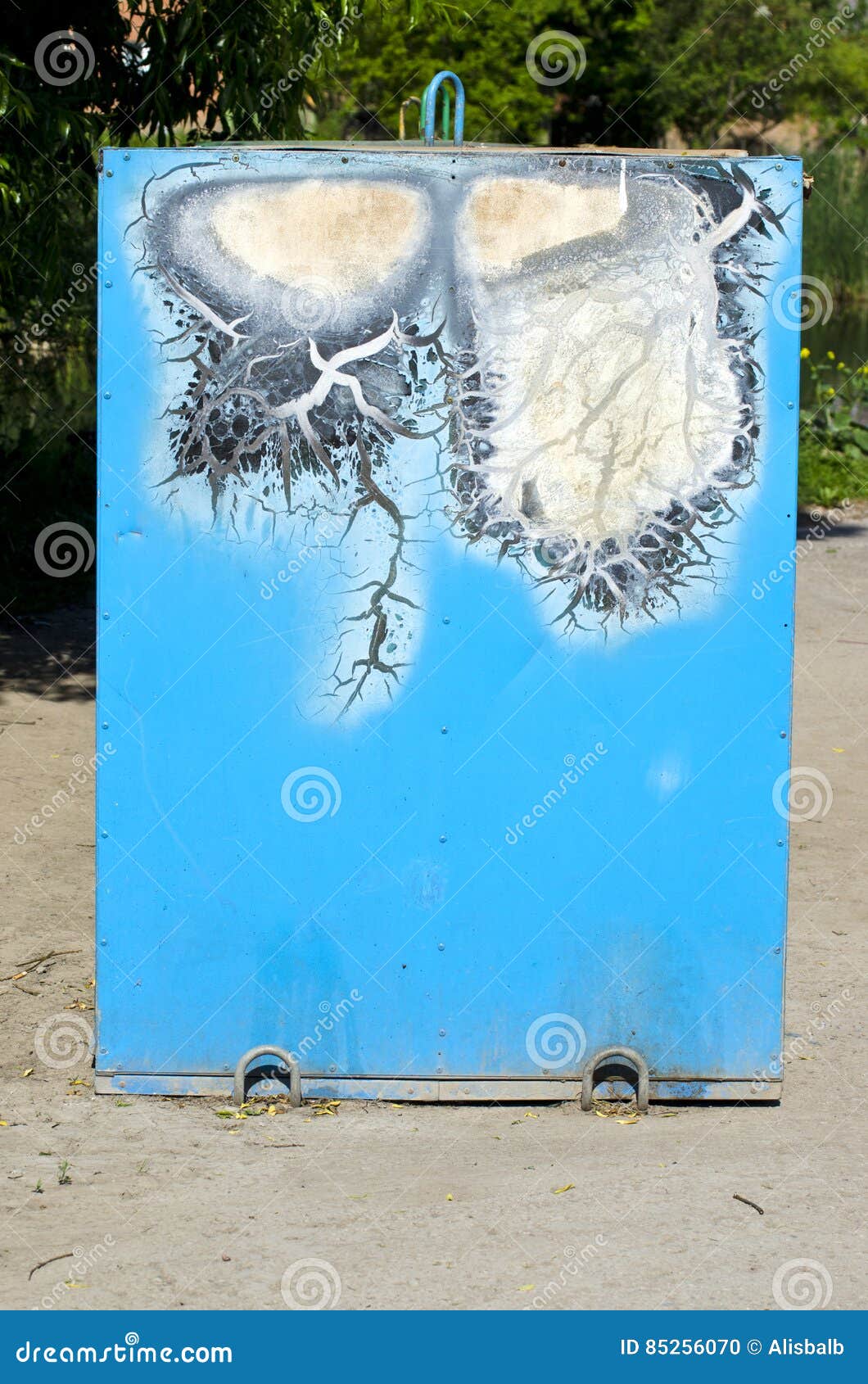 Retro Used Blue Metal Dustbin in Street Stock Photo - Image of collect ...