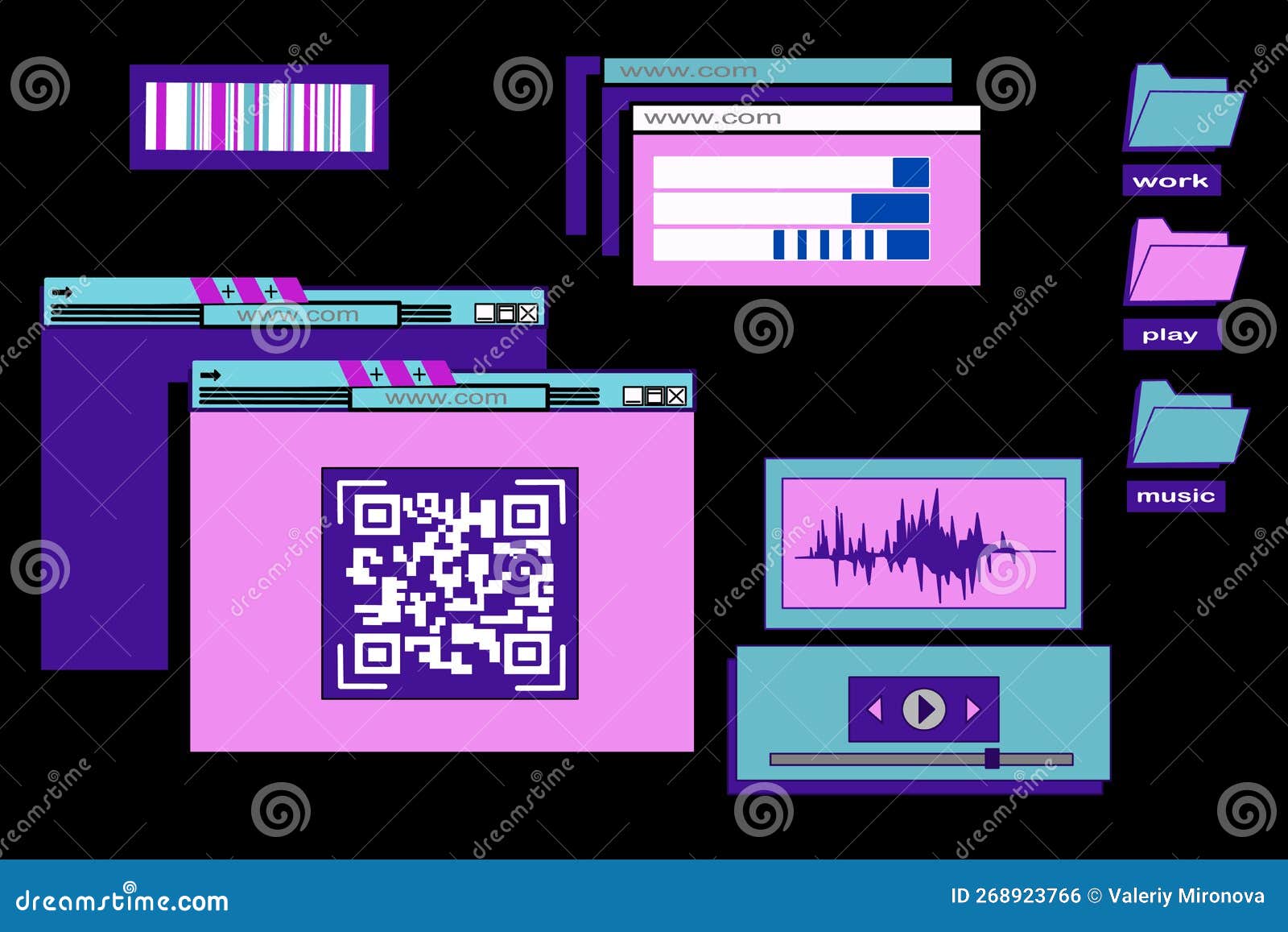 Retro Vaporwave Desktop With Message Boxes, Qr Code And User Interface ... Retro Vaporwave Desktop With Message Boxes, Qr Code And User Interface ...