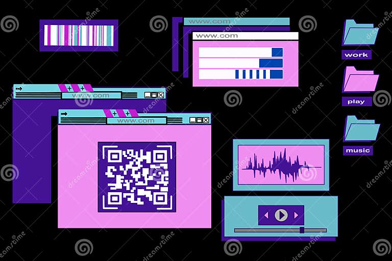Retro Vaporwave Desktop with Message Boxes, Qr Code and User Interface Elements. Set of Flat ...