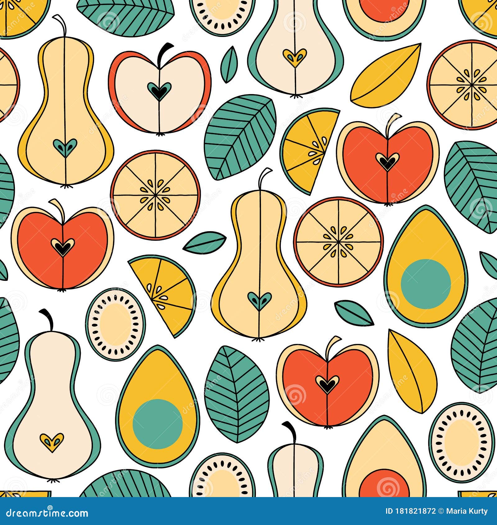 Retro Vector Pattern with Colorful Fruit and Leaves Stock Illustration ...
