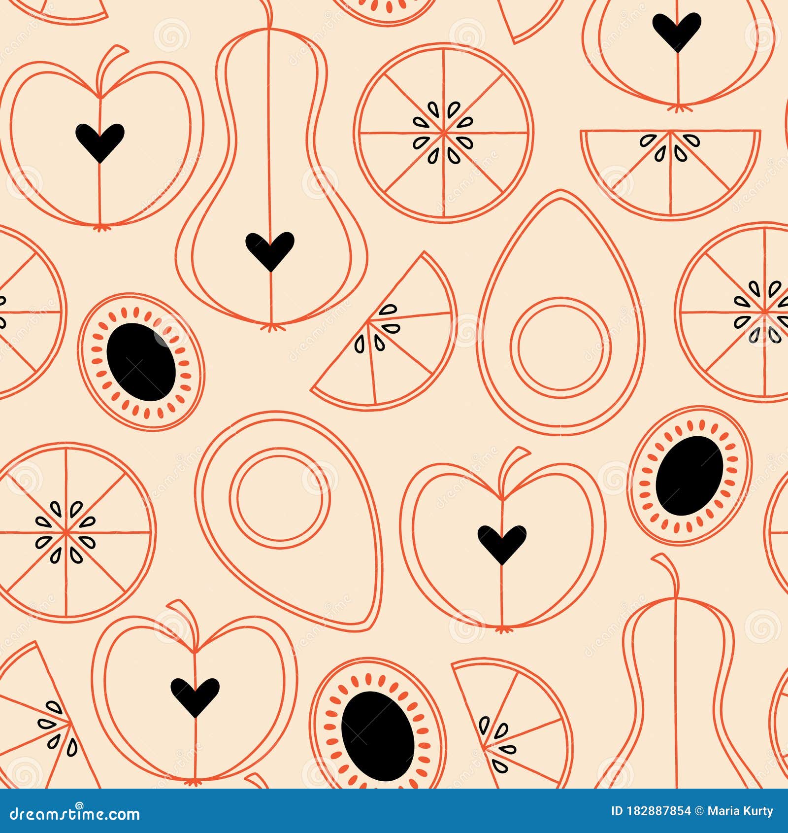 Retro Vector Pattern with Red Outlined Halves of Fruit Stock Vector ...