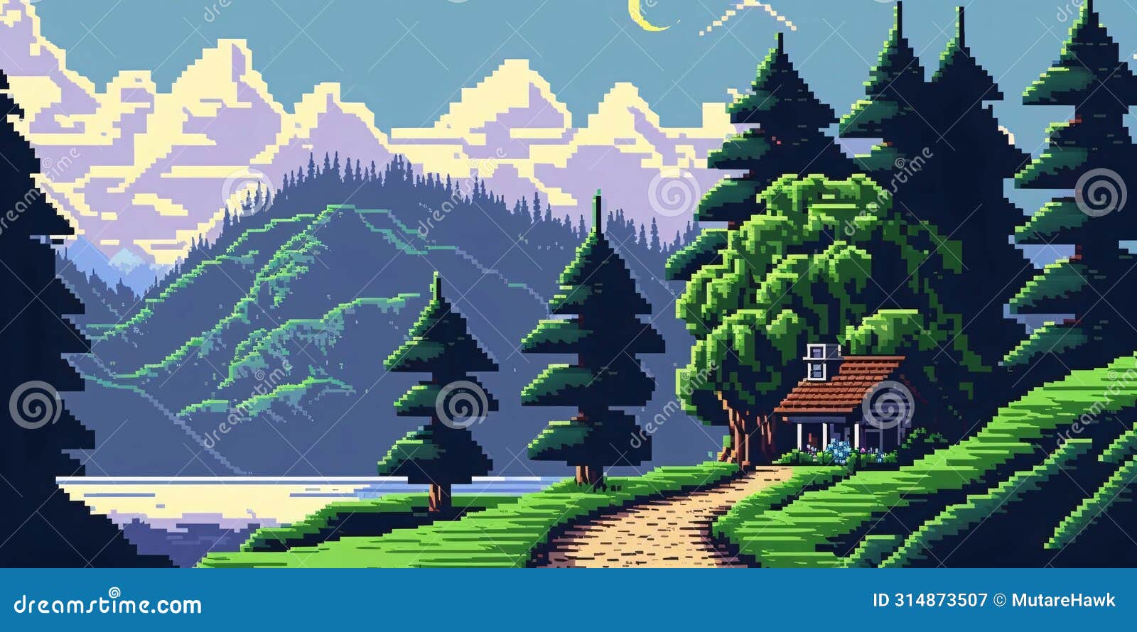 Retro Video Game Scene with Pixelated House in the Middle of the Forest ...