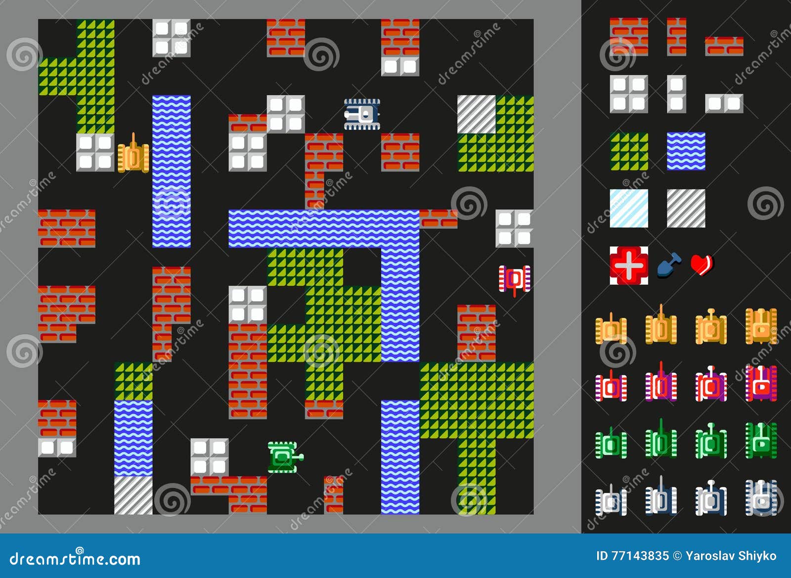 Retro Video Game. User Interface with Tanks, Terrain and Obstacles ...
