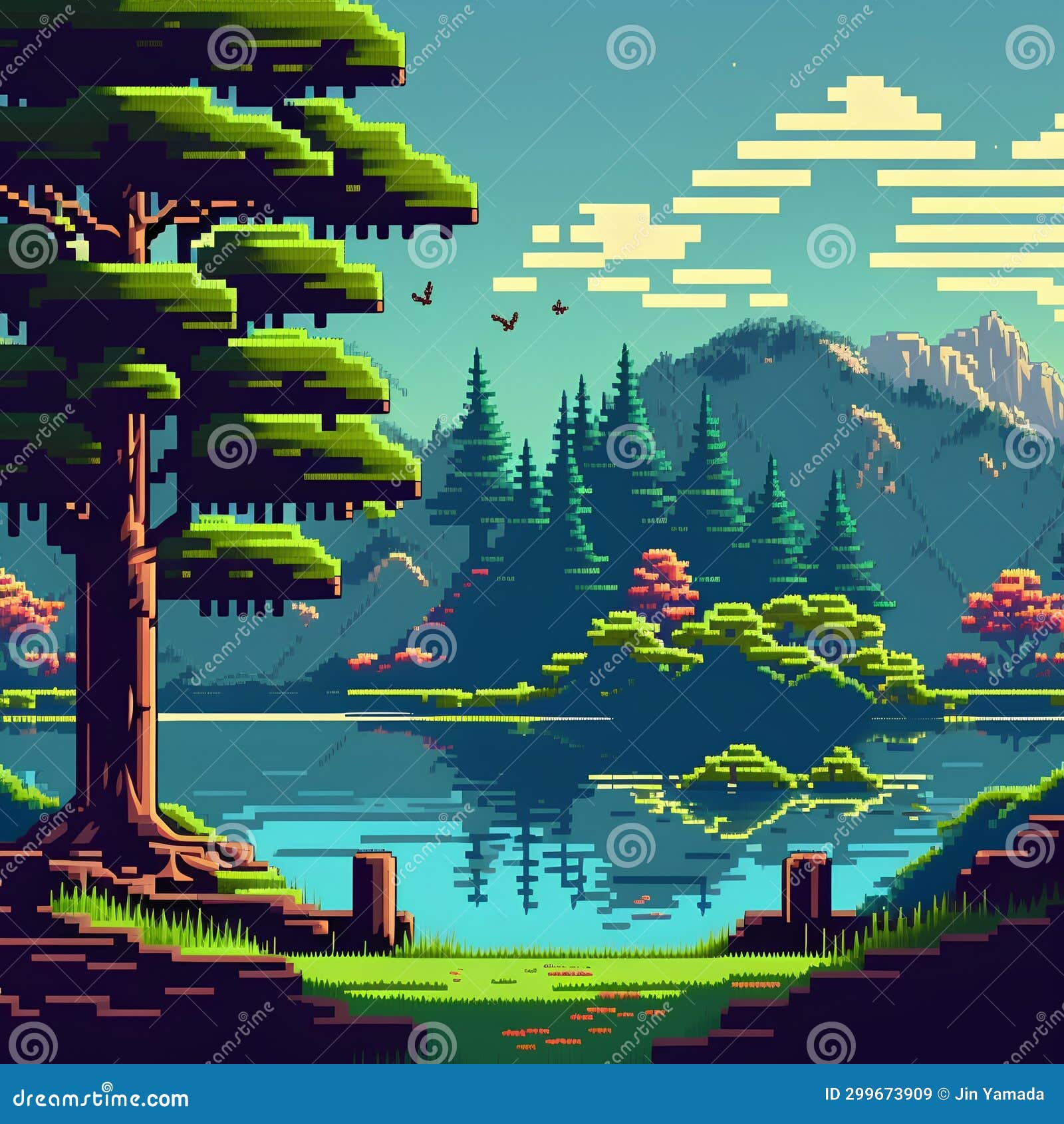 Retro Videogame Landscape with Trees and Lake, Vector Illustration ...