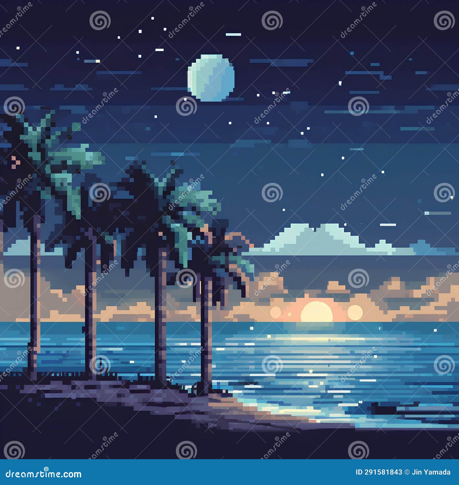 Retro Videogame Pixelated Scene with Palm Trees and Sea. Stock ...