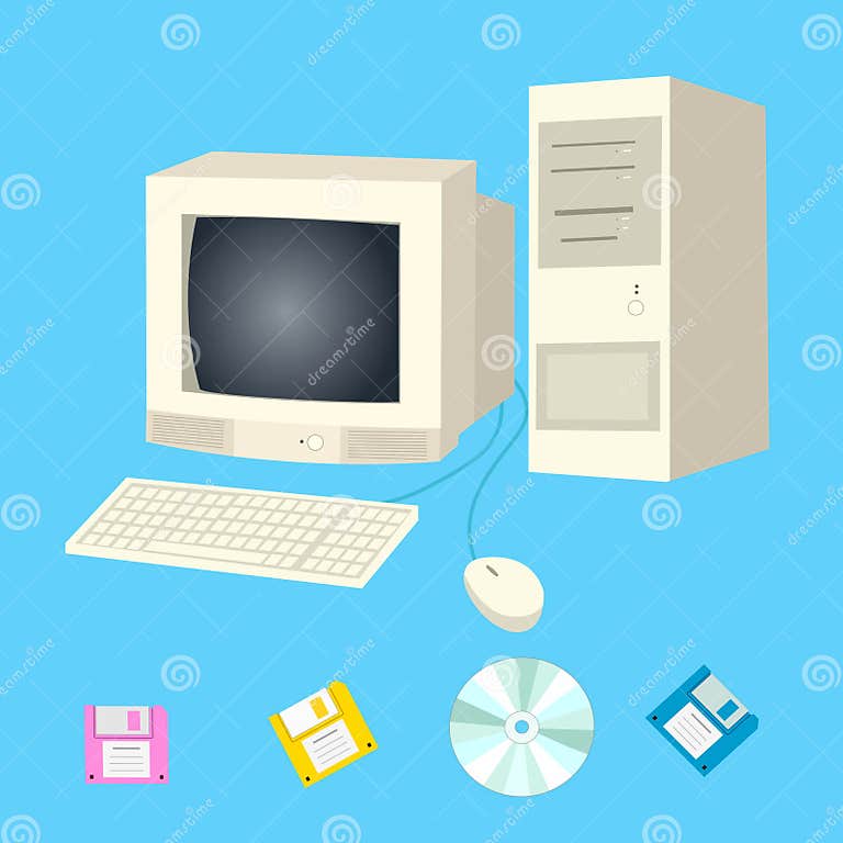 Retro Vintage Desktop Computer on Blue Background , Old Personal ...