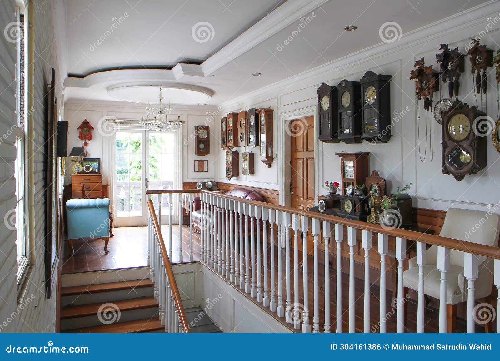 Retro Vintage Home Interior with Railing Stair, Clock, Sofa Stock Photo ...