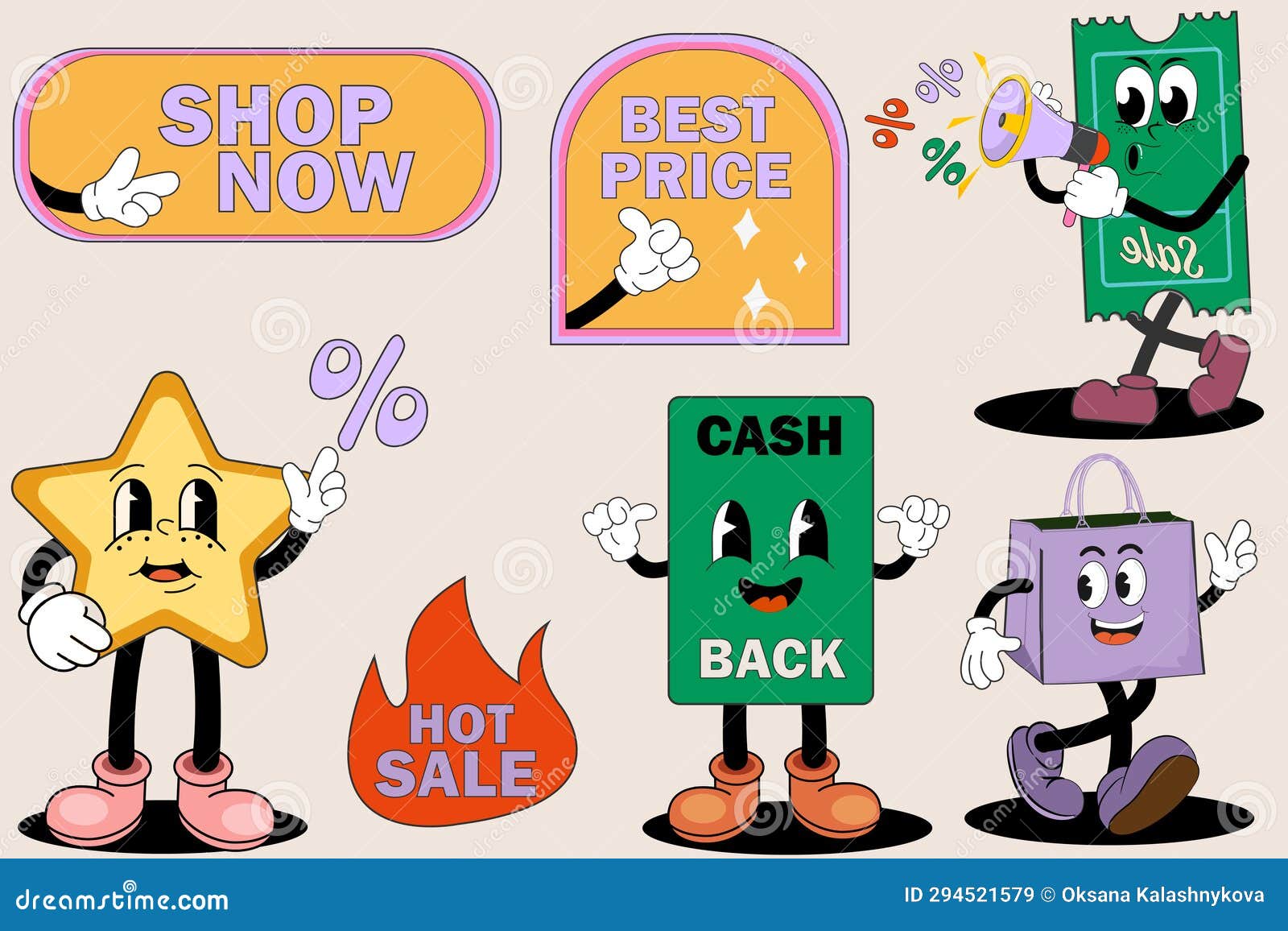 Set Of Shopping Stickers Retro Design. Cute Sale Label Badges. Cartoon ...